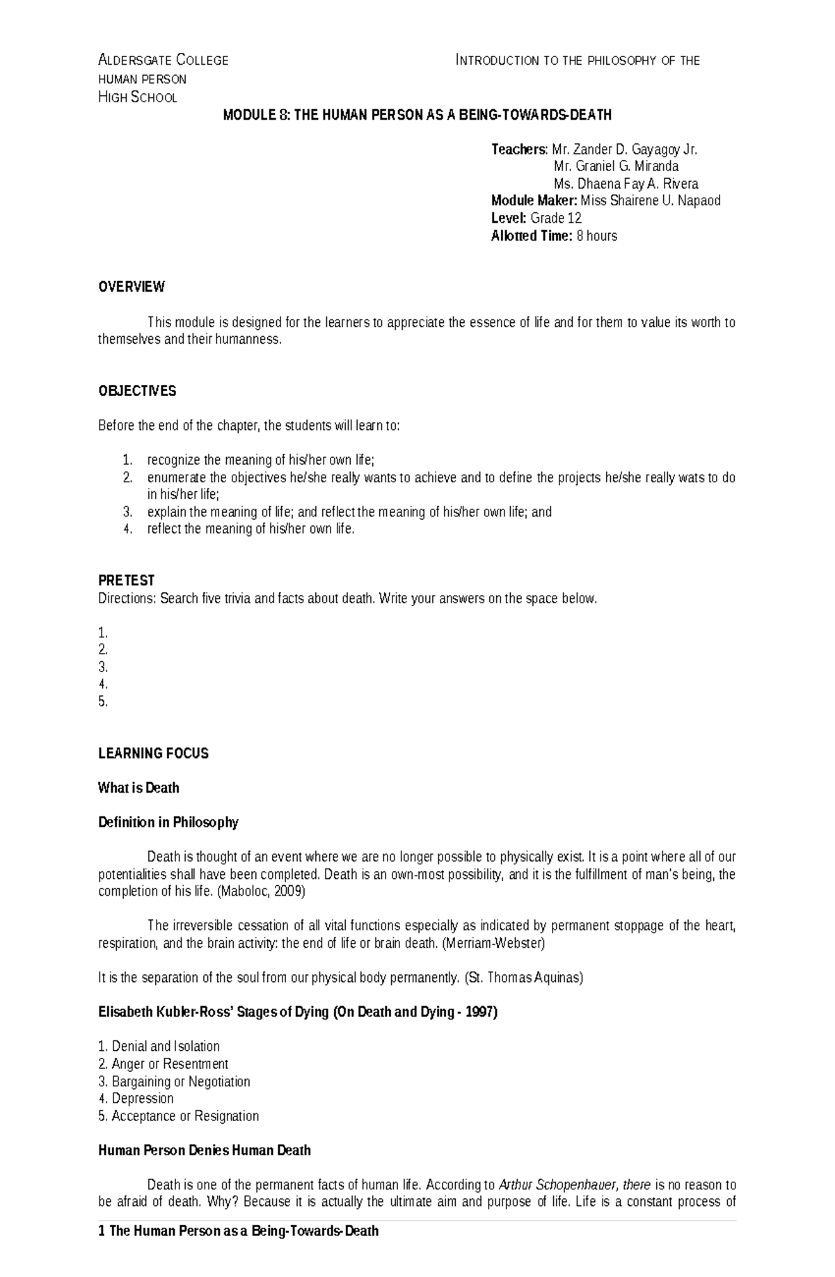 Module 8 The Human Person as a Being Towards Death - HUMAN PERSON HIGH ...