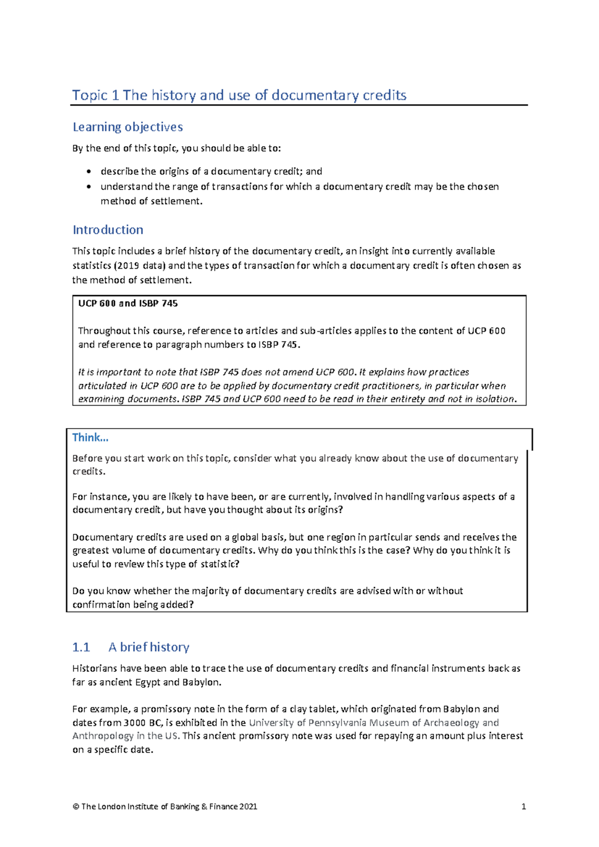 Topic 1 The history and use of documentary credits - Introduction This ...