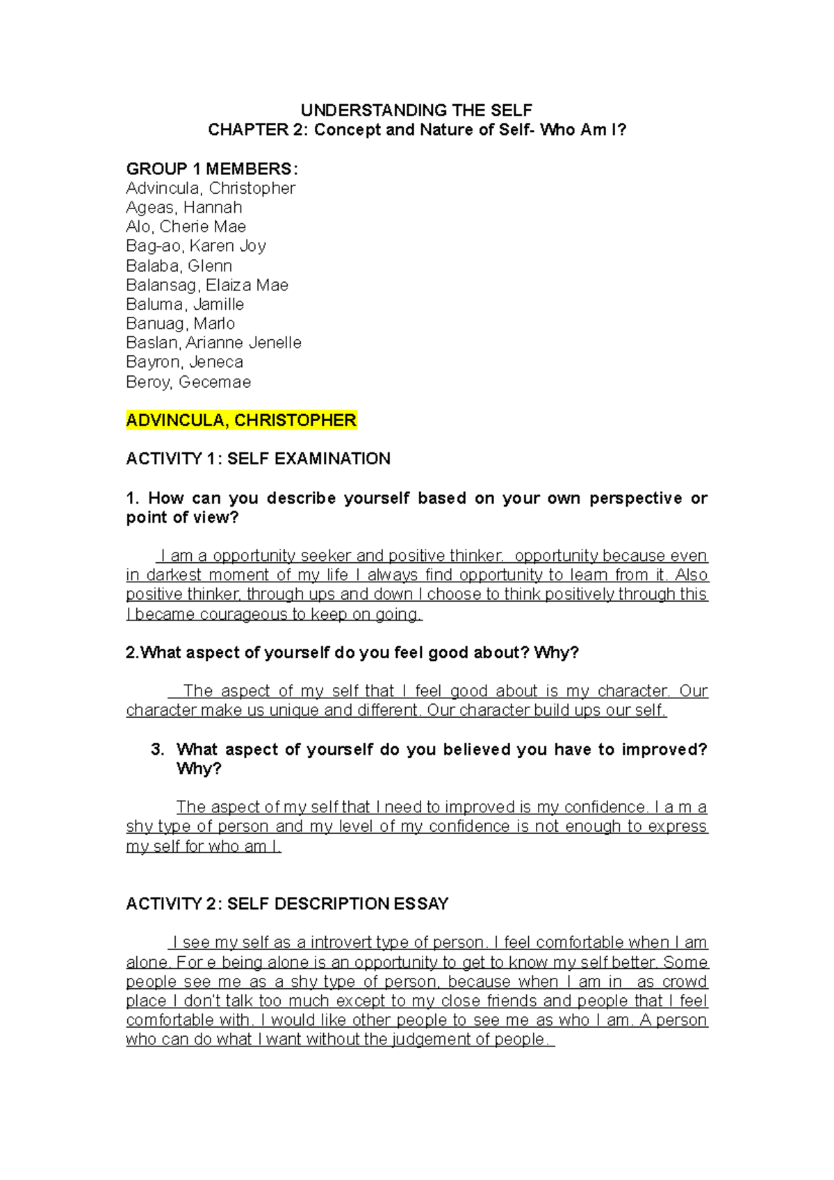 UTS Group 1 Chapter 2 Activity - UNDERSTANDING THE SELF CHAPTER 2 ...