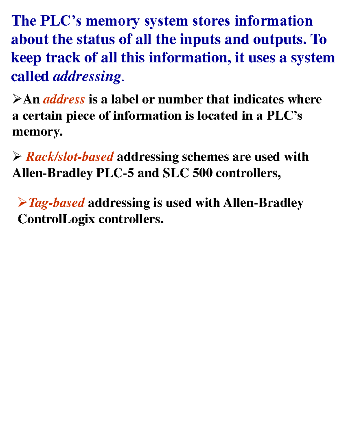 PLC 2 - Plc notes - The PLC’s memory system stores information about ...