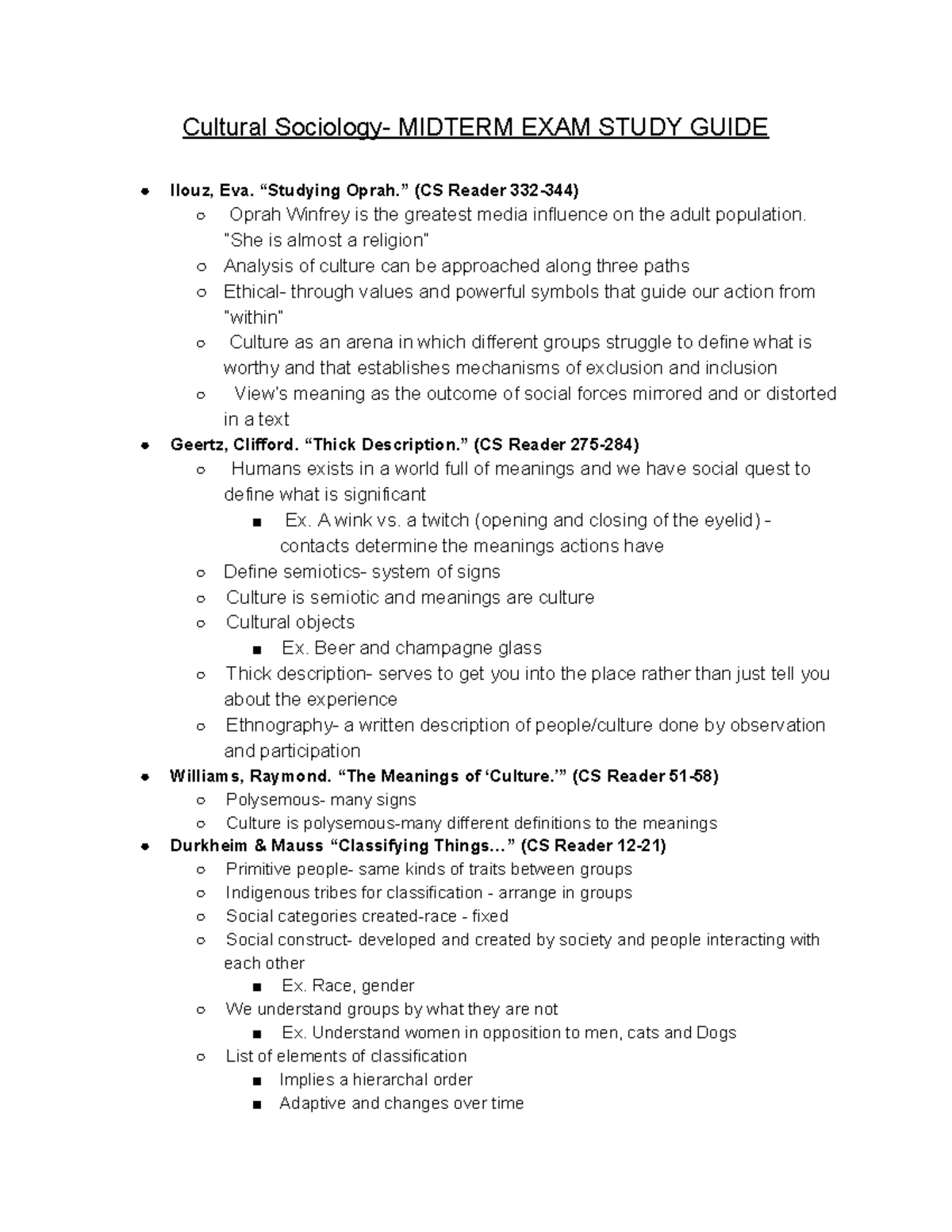 Cultural Sociology- Midterm EXAM Study Guide - Cultural MIDTERM EXAM ...
