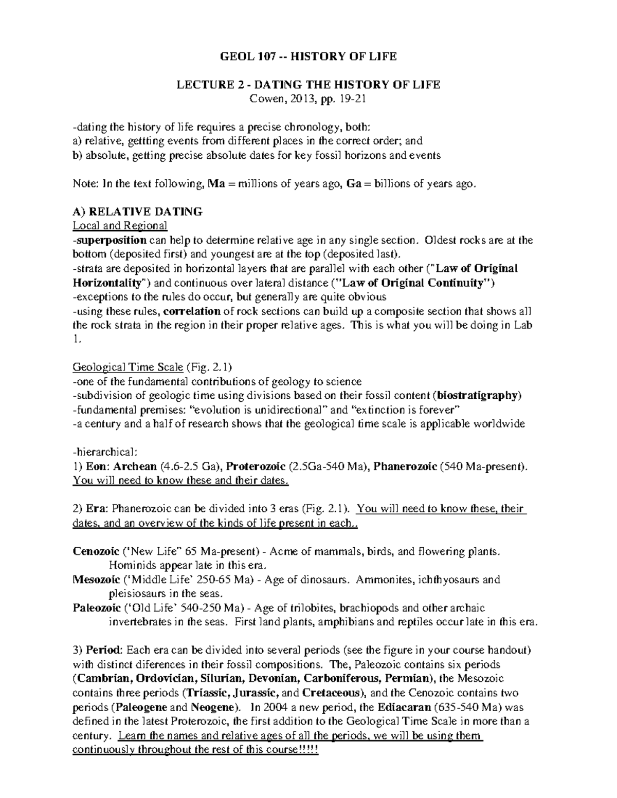 Geol107 Lecture GEOL 107 HISTORY OF LIFE LECTURE 2 DATING THE geol107-lecture-geol-107-history-of-life-lecture-2-dating-the