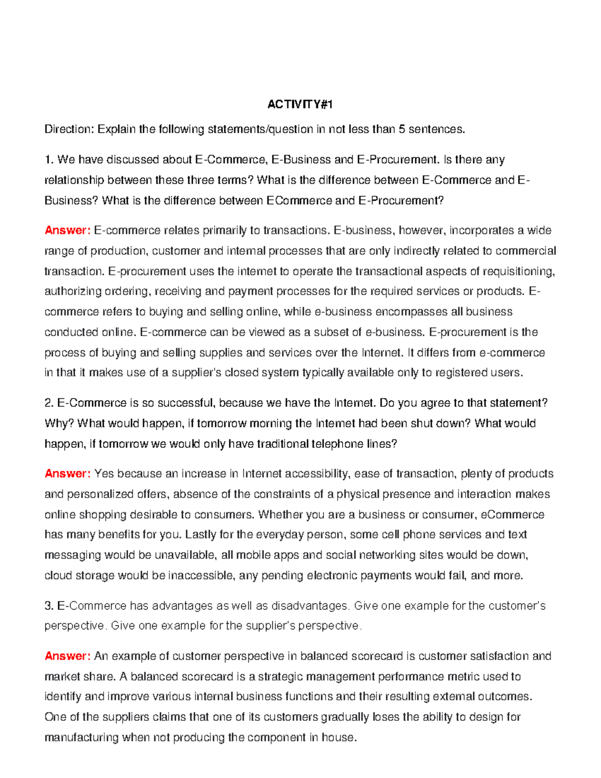 Activity 1 - About E-Commerce, E-Business and E-Procurement - ACTIVITY ...