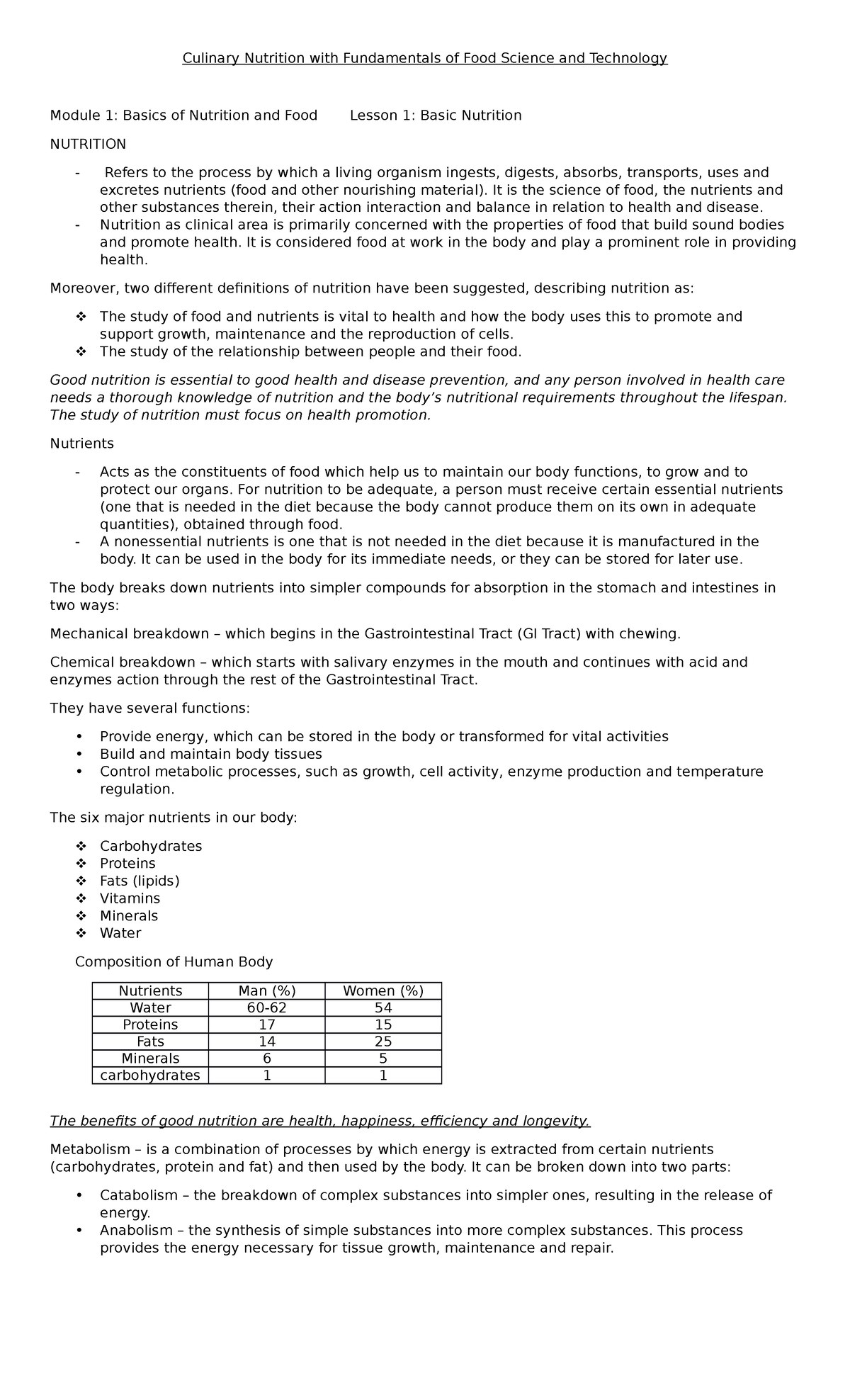 Culinary Nutrition Module 1-5 - Culinary Nutrition with Fundamentals of ...
