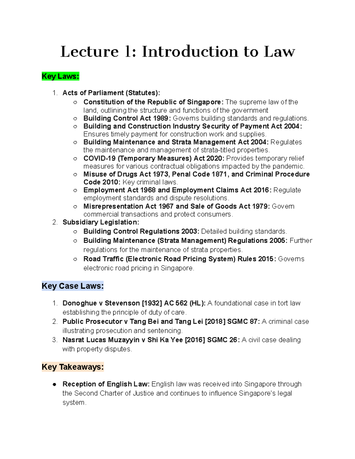 IPM 1102 Notes - Lecture 1: Introduction to Law Key Laws: 1. Acts of ...