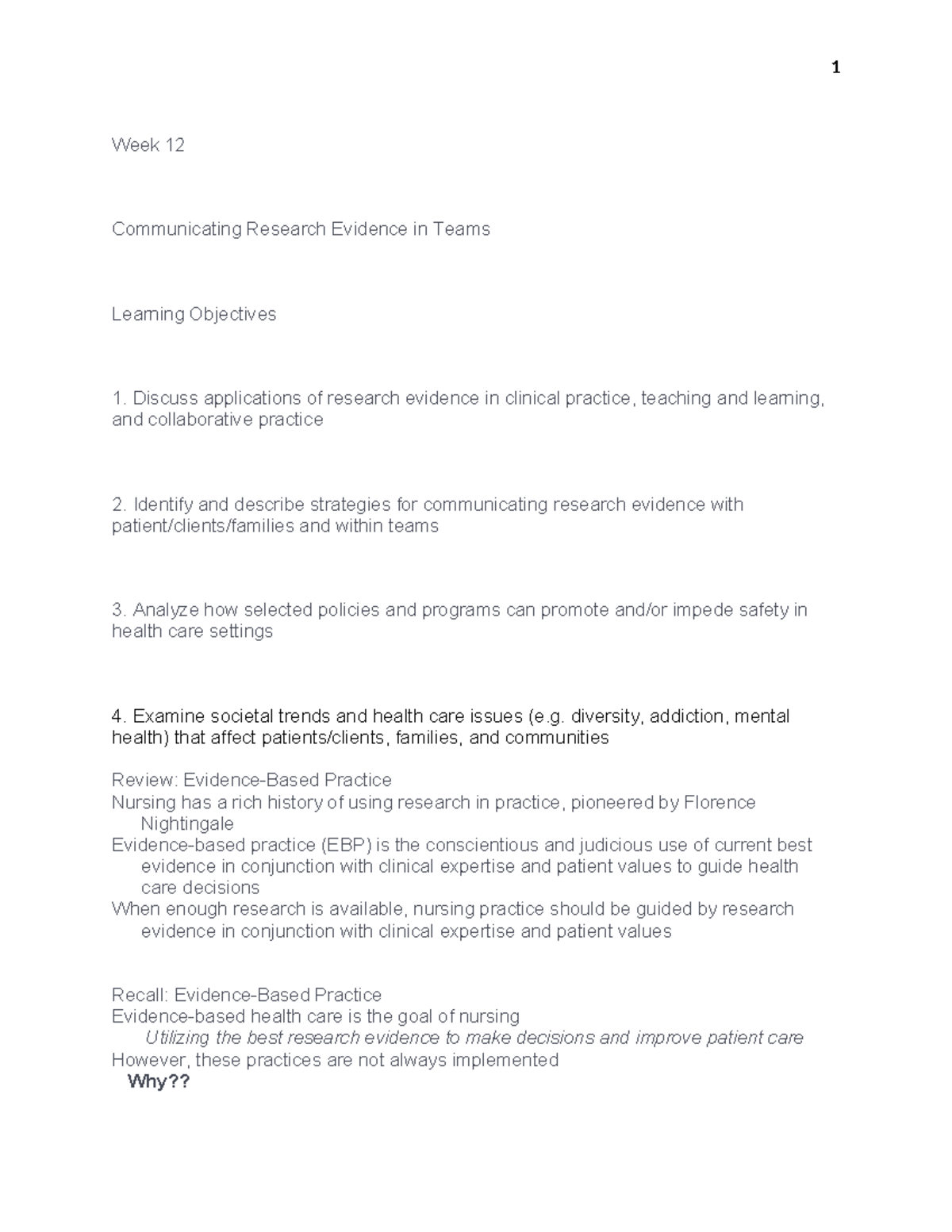 Final review - notes - Week 12 Communicating Research Evidence in Teams ...