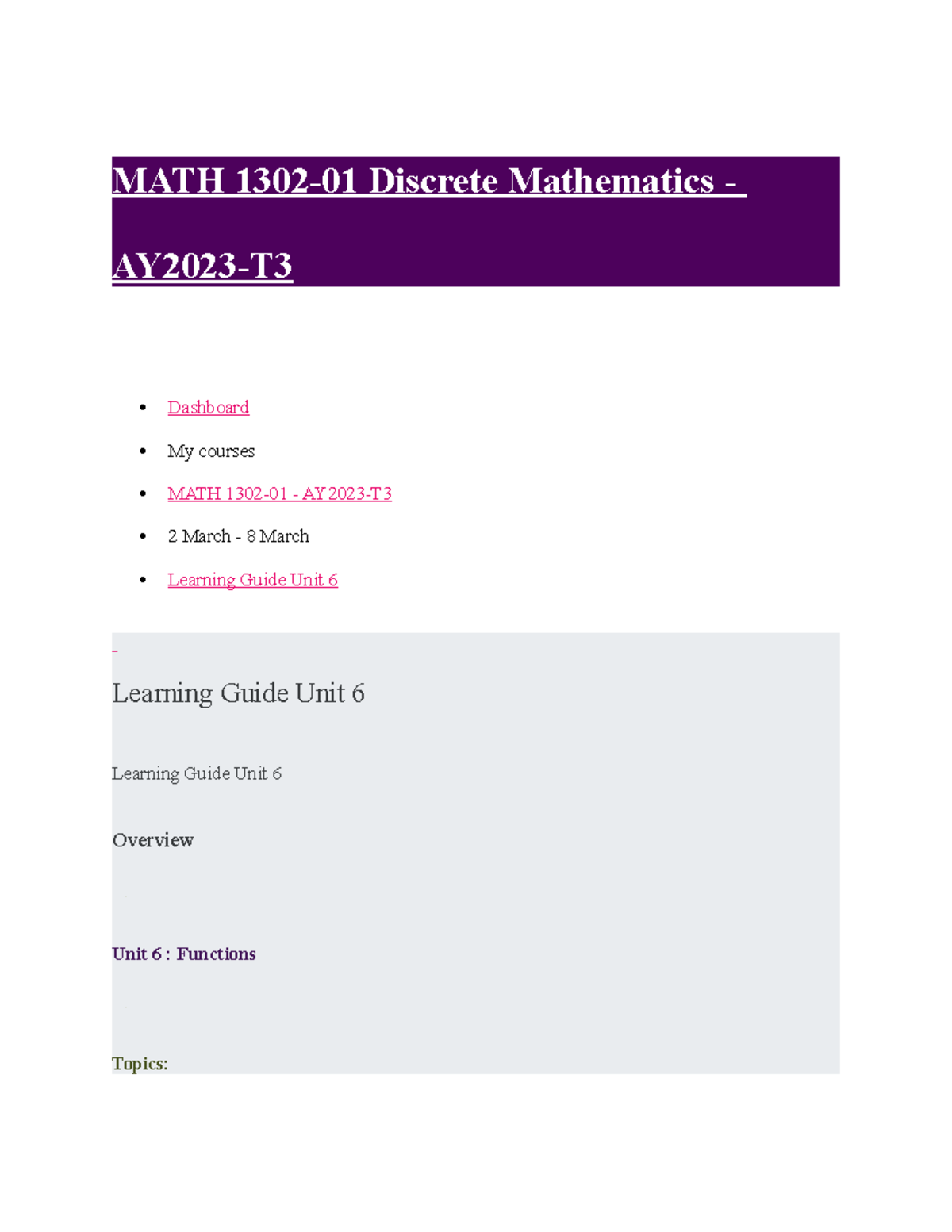 Learning Guide Unit 6- MATH 1302 - MATH 1302-01 Discrete Mathematics ...