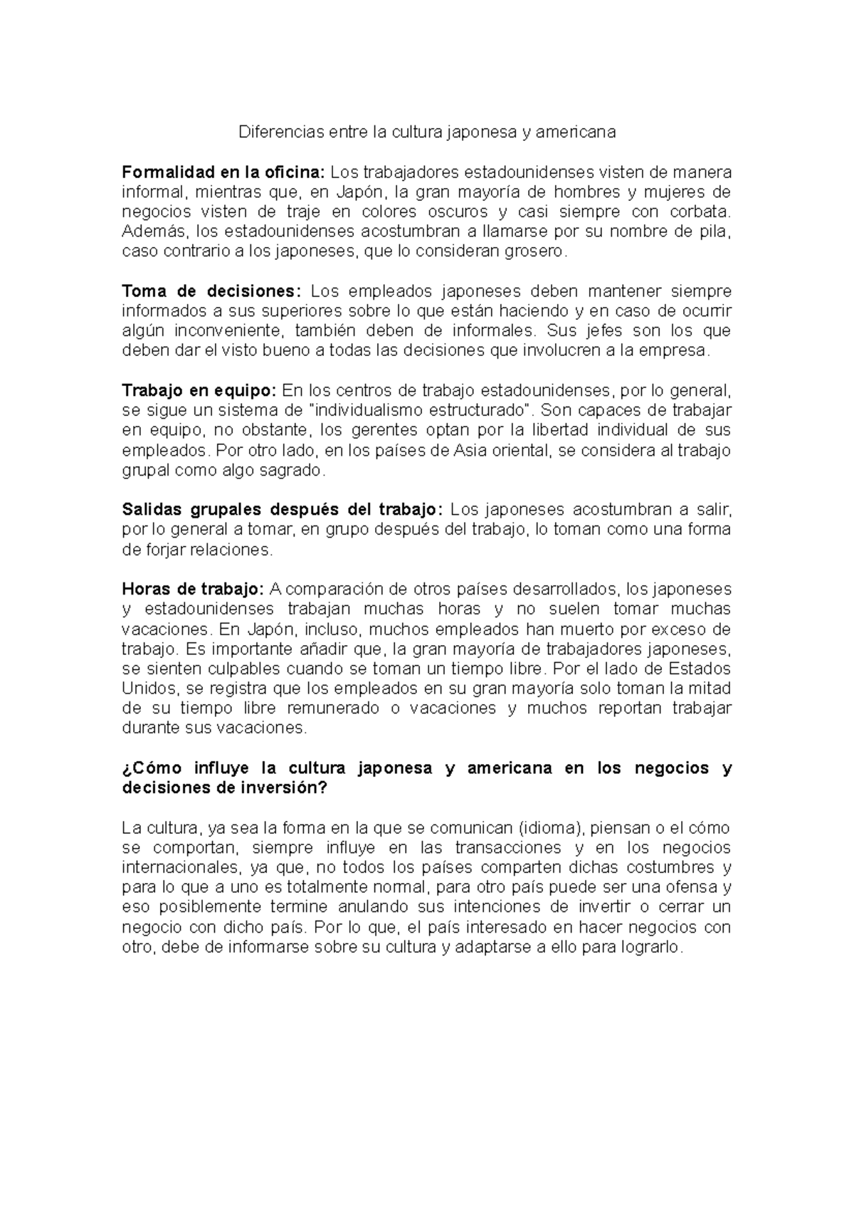 Diferencias entre la cultura japonesa y americana - Diferencias entre ... Diferencias entre la cultura japonesa y americana - Diferencias entre ...