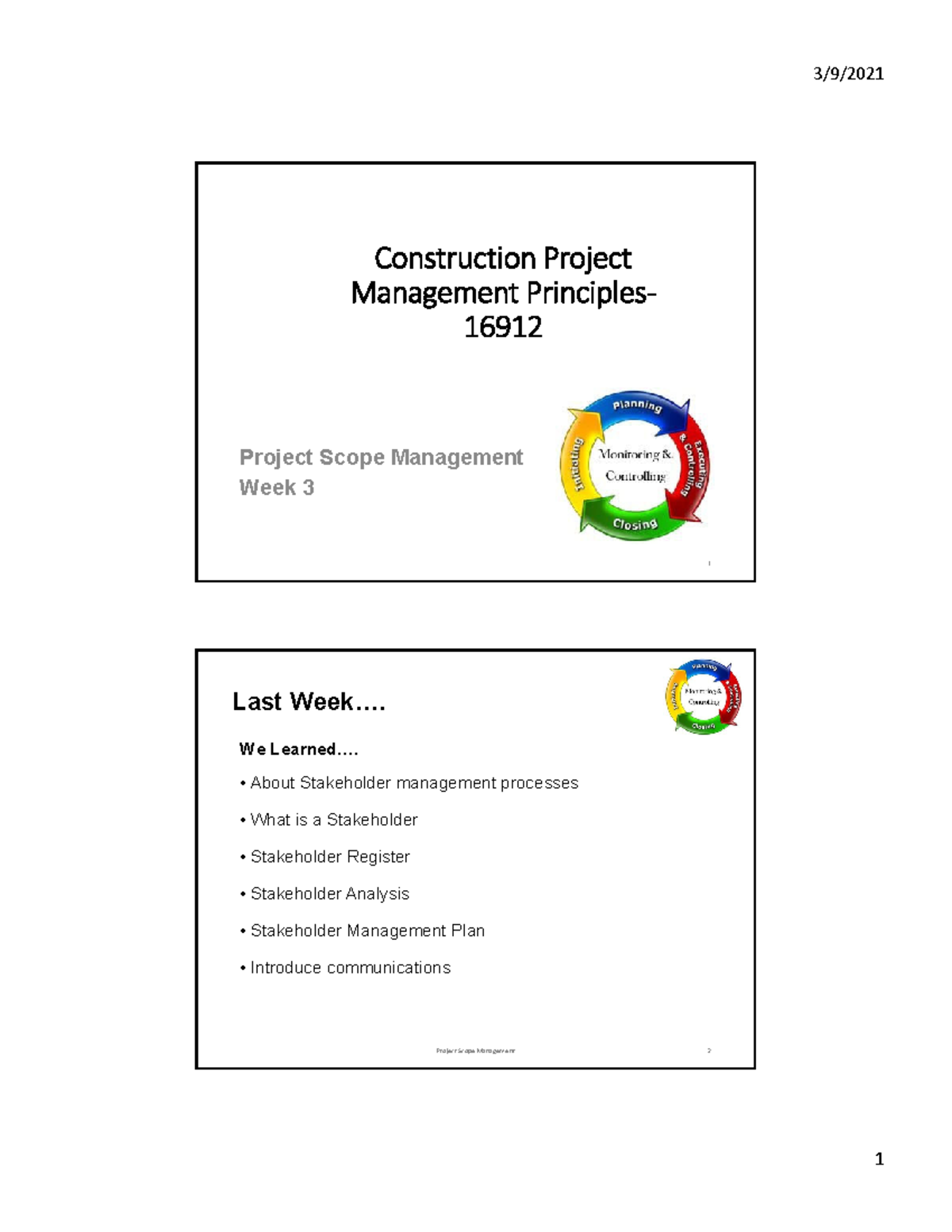 16912 - Week 3 2021 - Lecture notes 3 - Construction Project Management ...