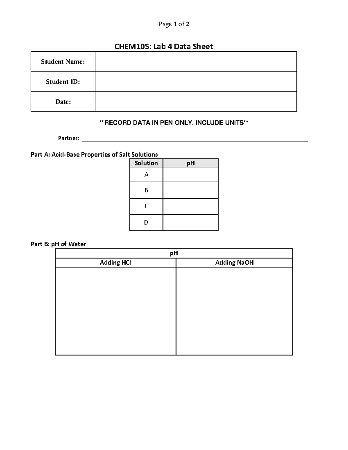 CHEM105 Lab 4 Data Sheet - CHEM 215 - Page 1 of 2 CHEM10 5 : Lab 4 Data Sheet Student Name ...