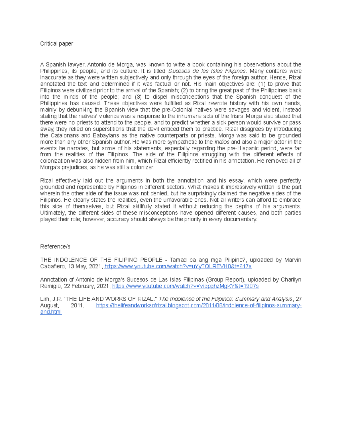 JOSE Rizal Critical Paper - Critical paper A Spanish lawyer, Antonio de ...