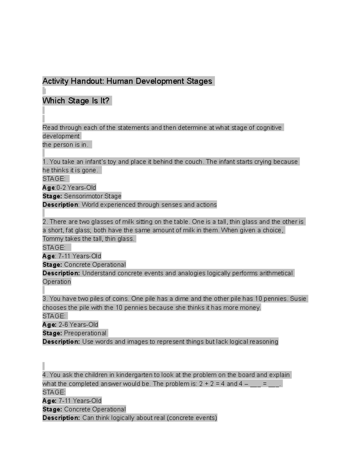 Activity Handout - Cognitive assignment - Activity Handout: Human ...