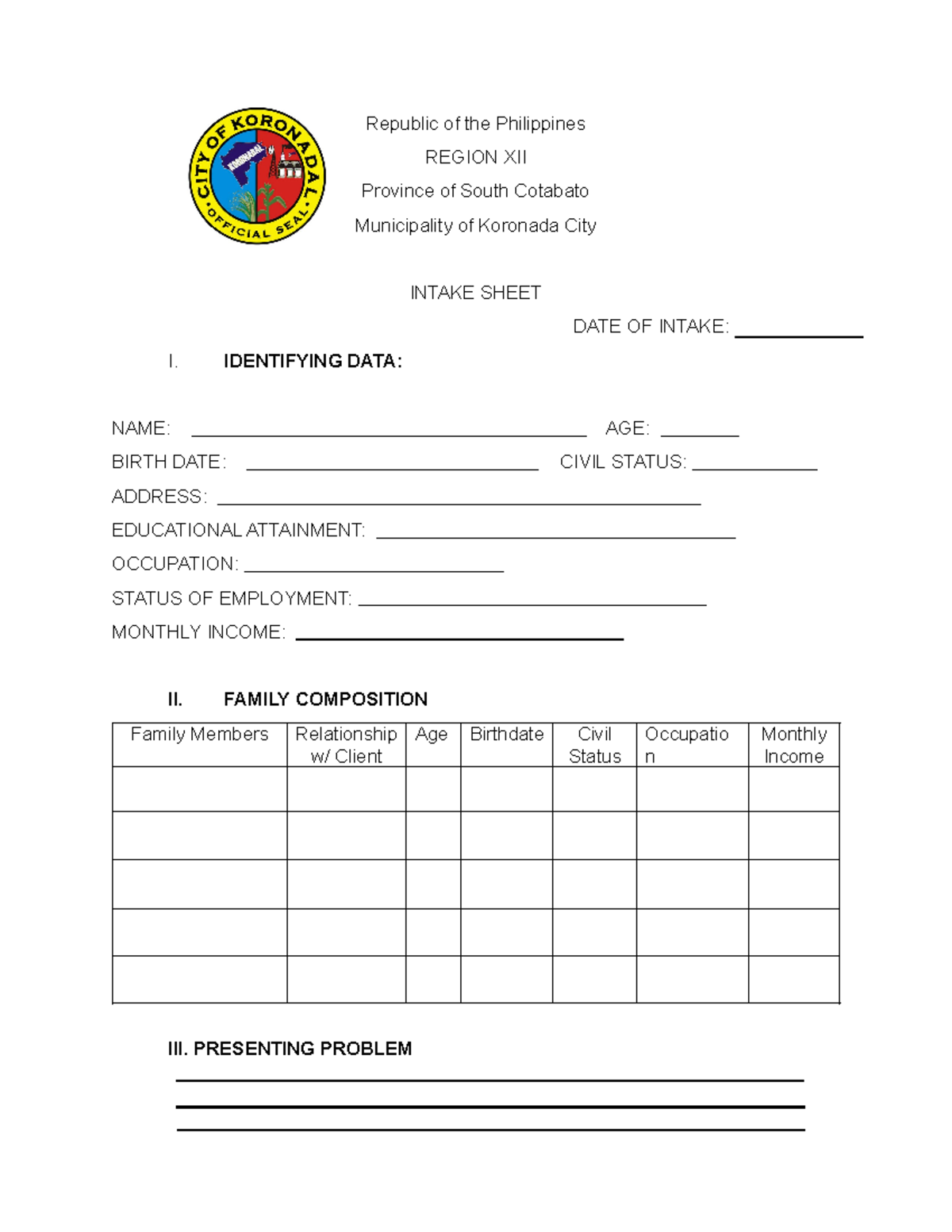 Intake-form Medena - none - introduction of social work - Republic of ...
