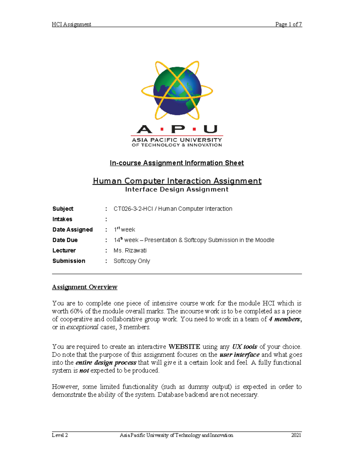 CT026-3-2 Human Computer Interaction Incourse Question - In-course Assignment Information Sheet ...
