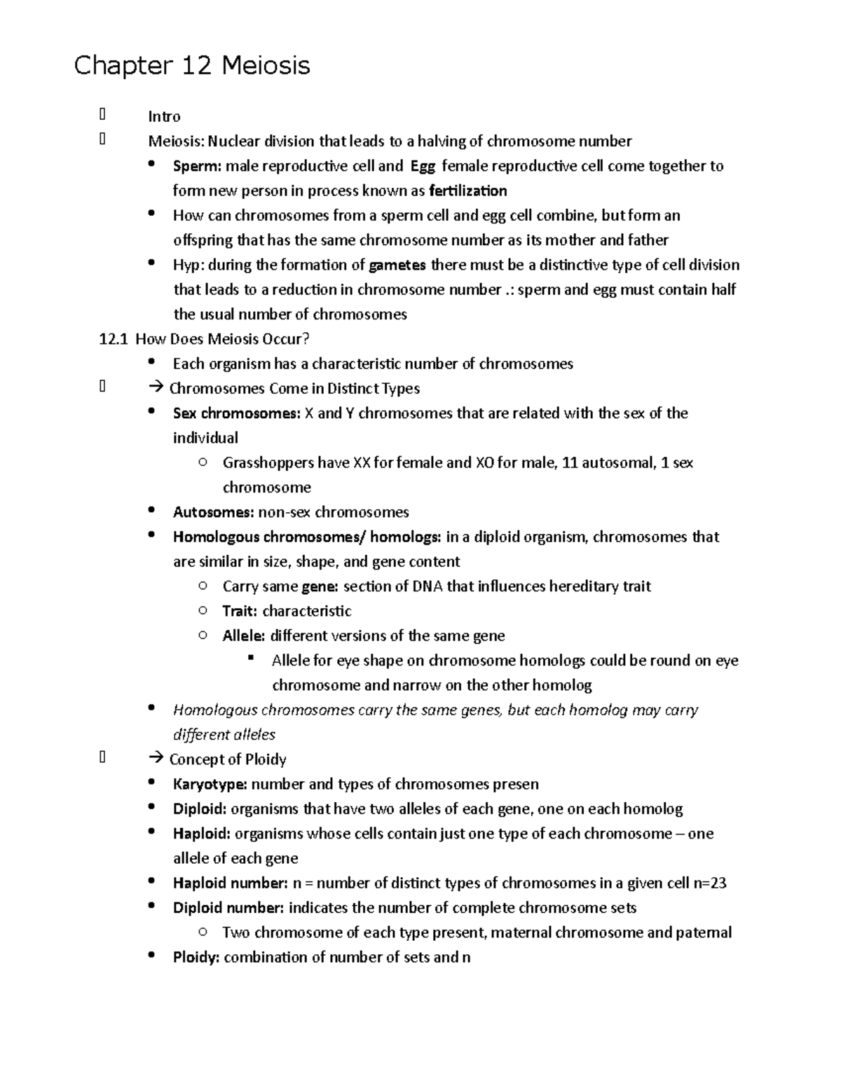Bio141Chapter 12 - Chapter 12 notes meiosis - Chapter 12 Meiosis Intro ...