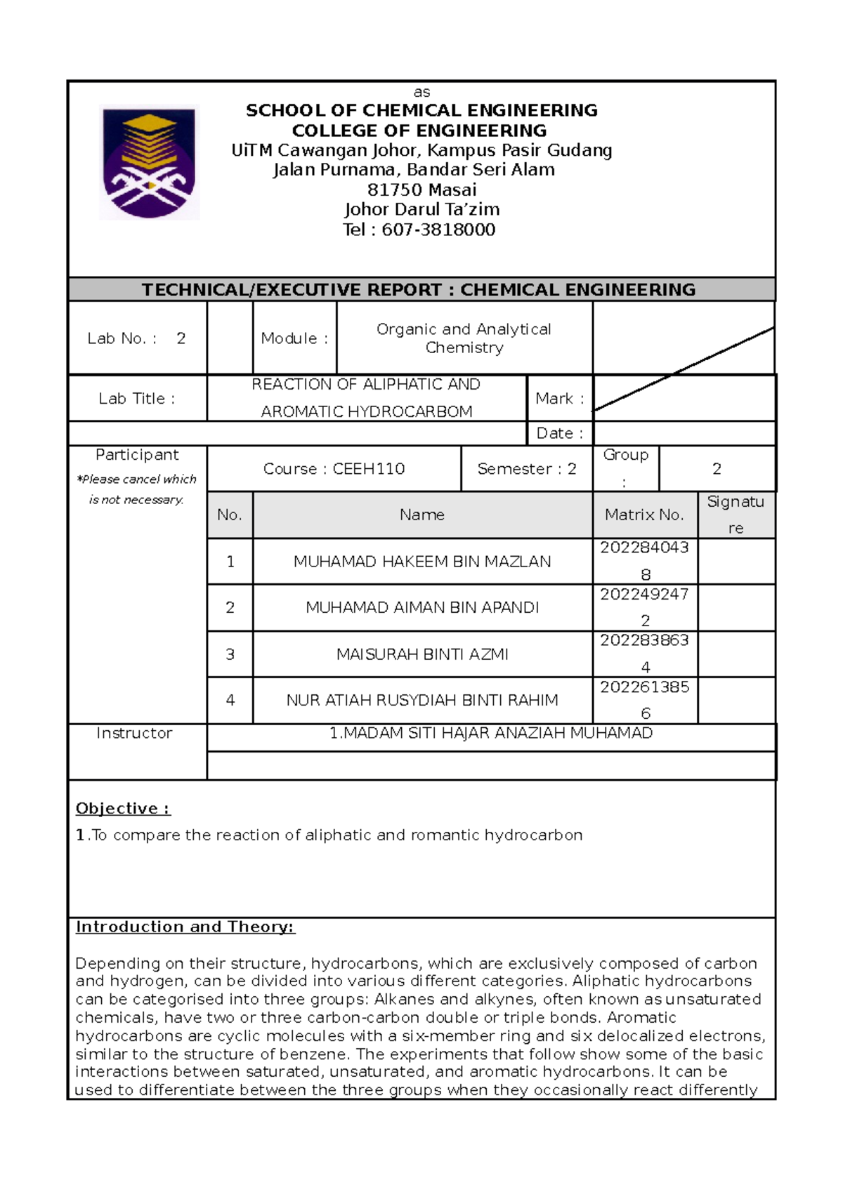 CHE145 Technical Report Form (exp 2) - as SCHOOL OF CHEMICAL ...