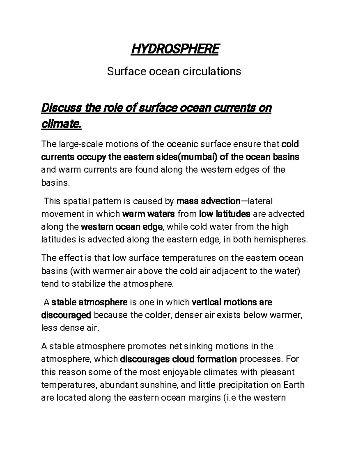 semester exam solved questions on hydrosphere - HYDROSPHERE Sur f ...