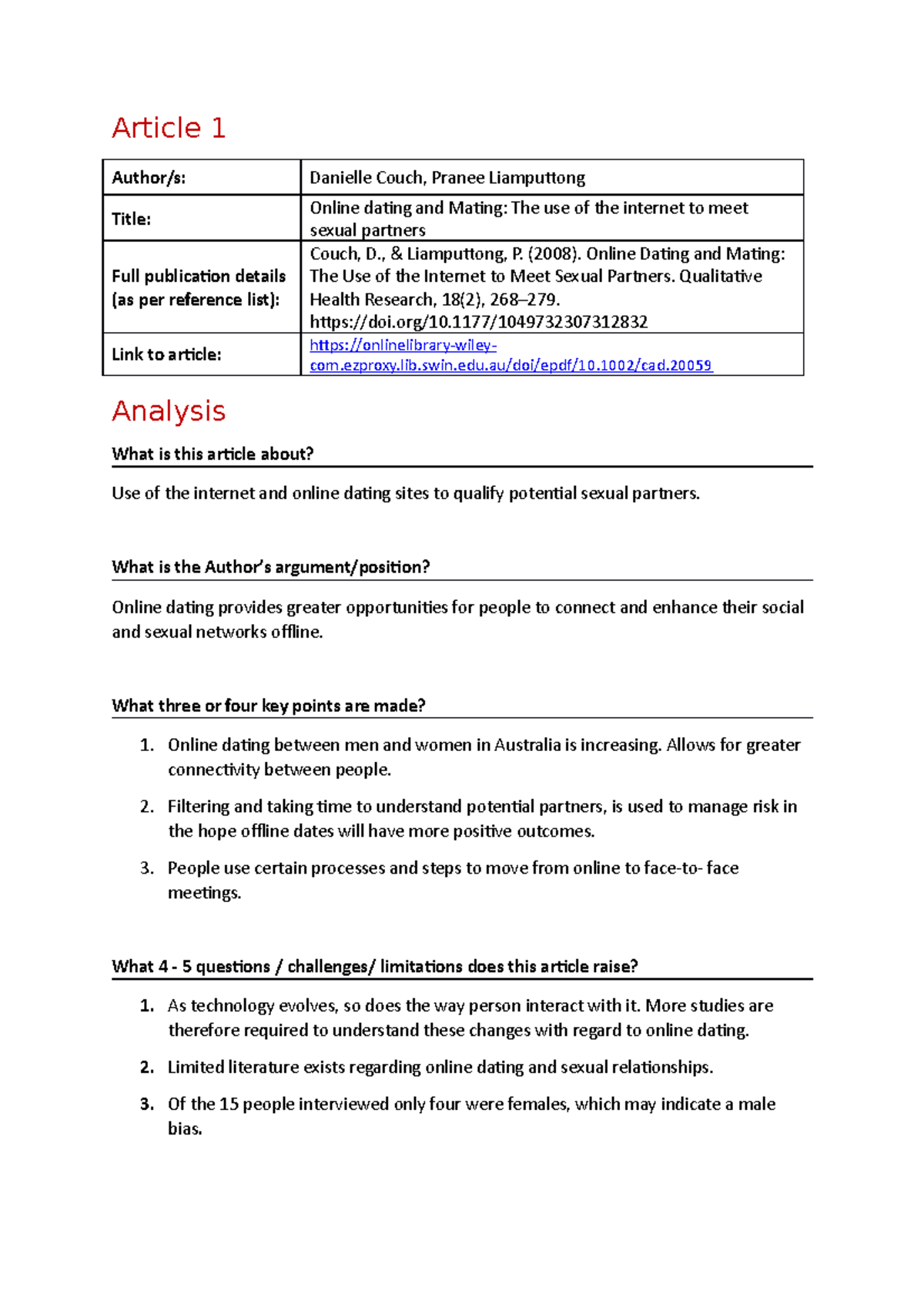 EDU10024 Assessment 2 article analysis - Article 1 Author/s: Danielle Couch, Pranee Liamputtong ...