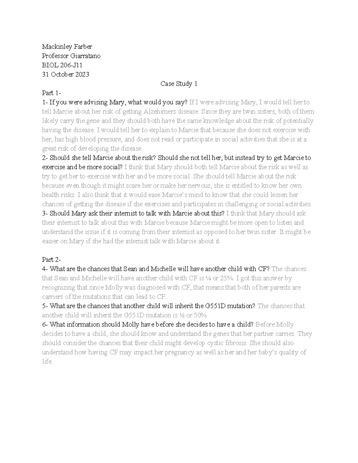 BIOL 206 Case Study 1 - Mackinley Farber Professor Giarratano BIOL 206 ...