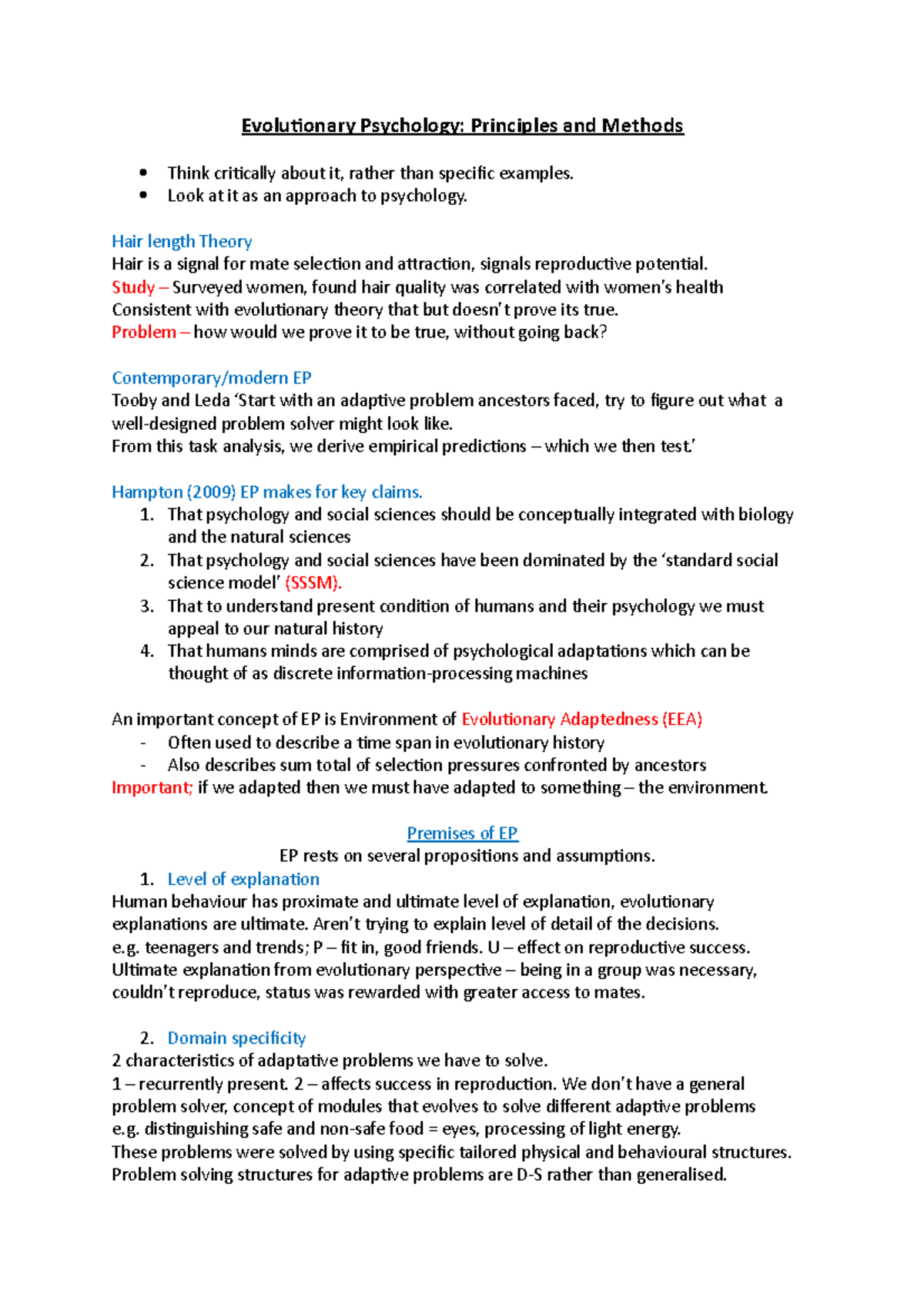 Comparative and Evolutionary Psychology - Lecture 4 - Evolutionary ...