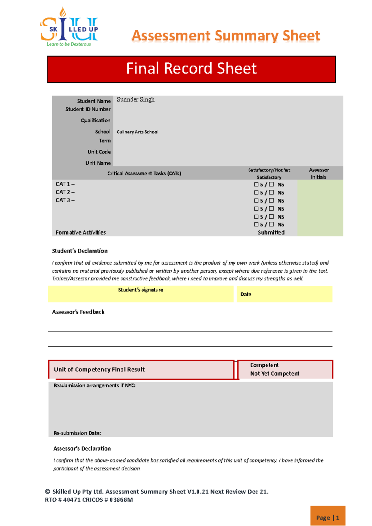 Sithasc 002 Student Assessment Workbook - Assessment Summary Sheet ...