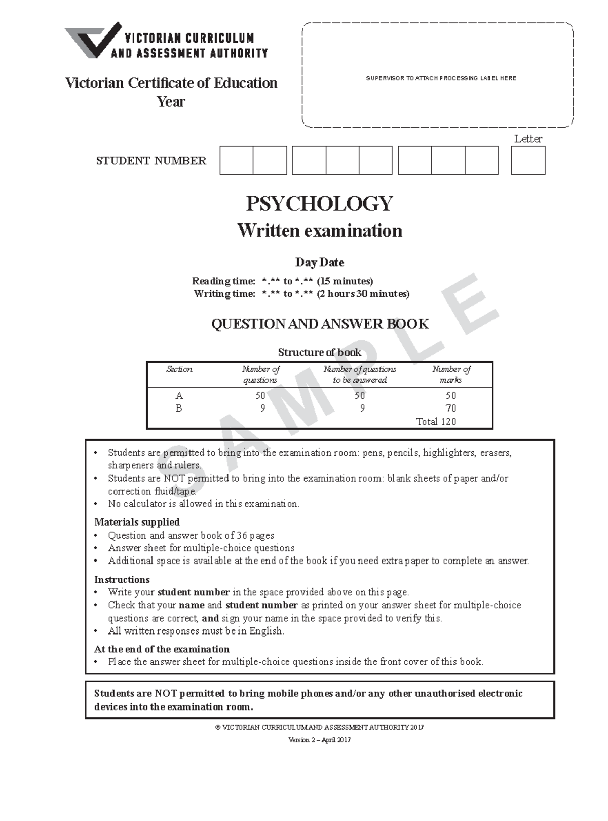Psychology exam 2021 - notes - S A M P L E PSYCHOLOGY Written ...