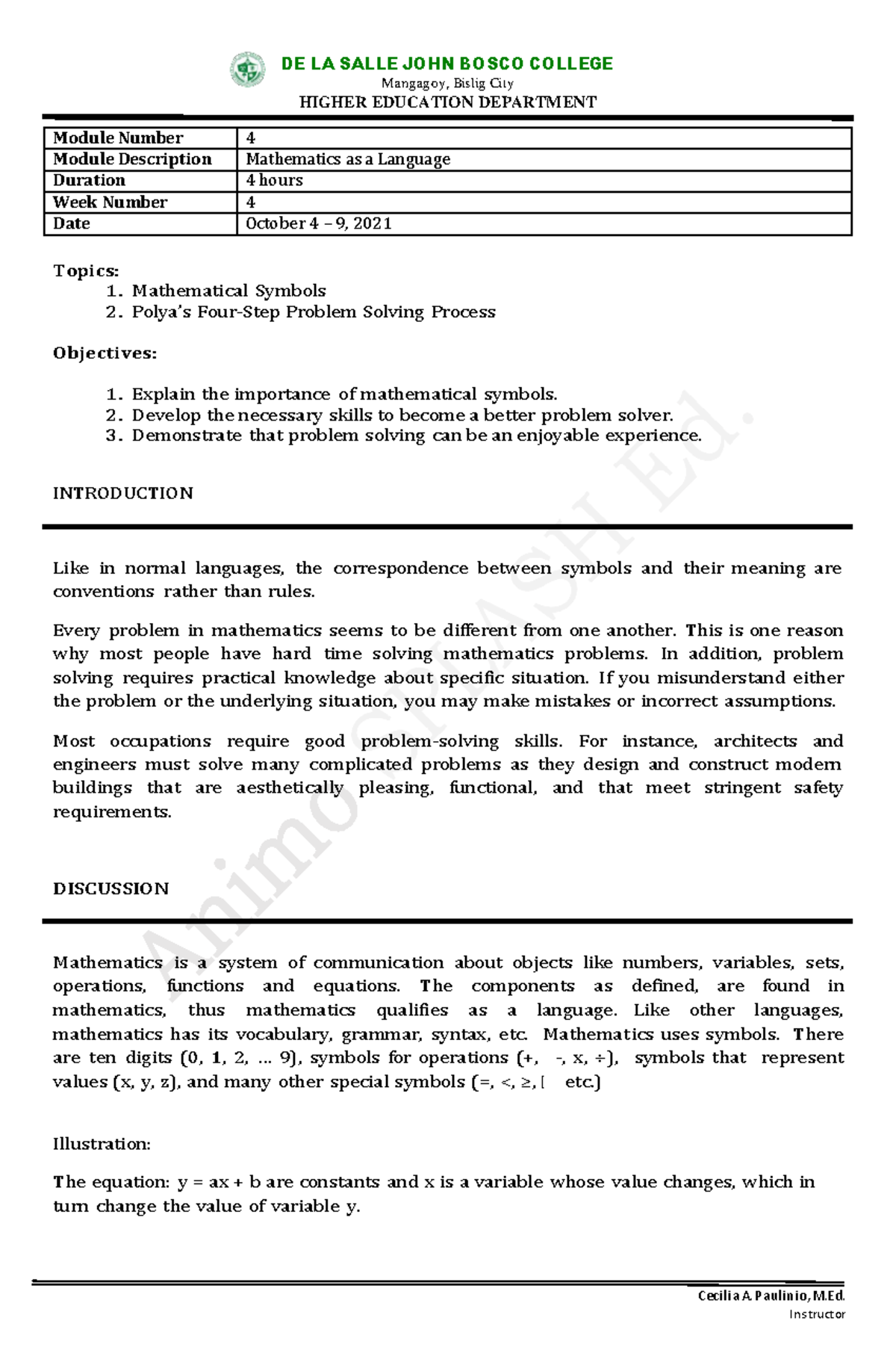MMW- Module 4 - Topics includes Mathematical Symbols and Polya's Four ...