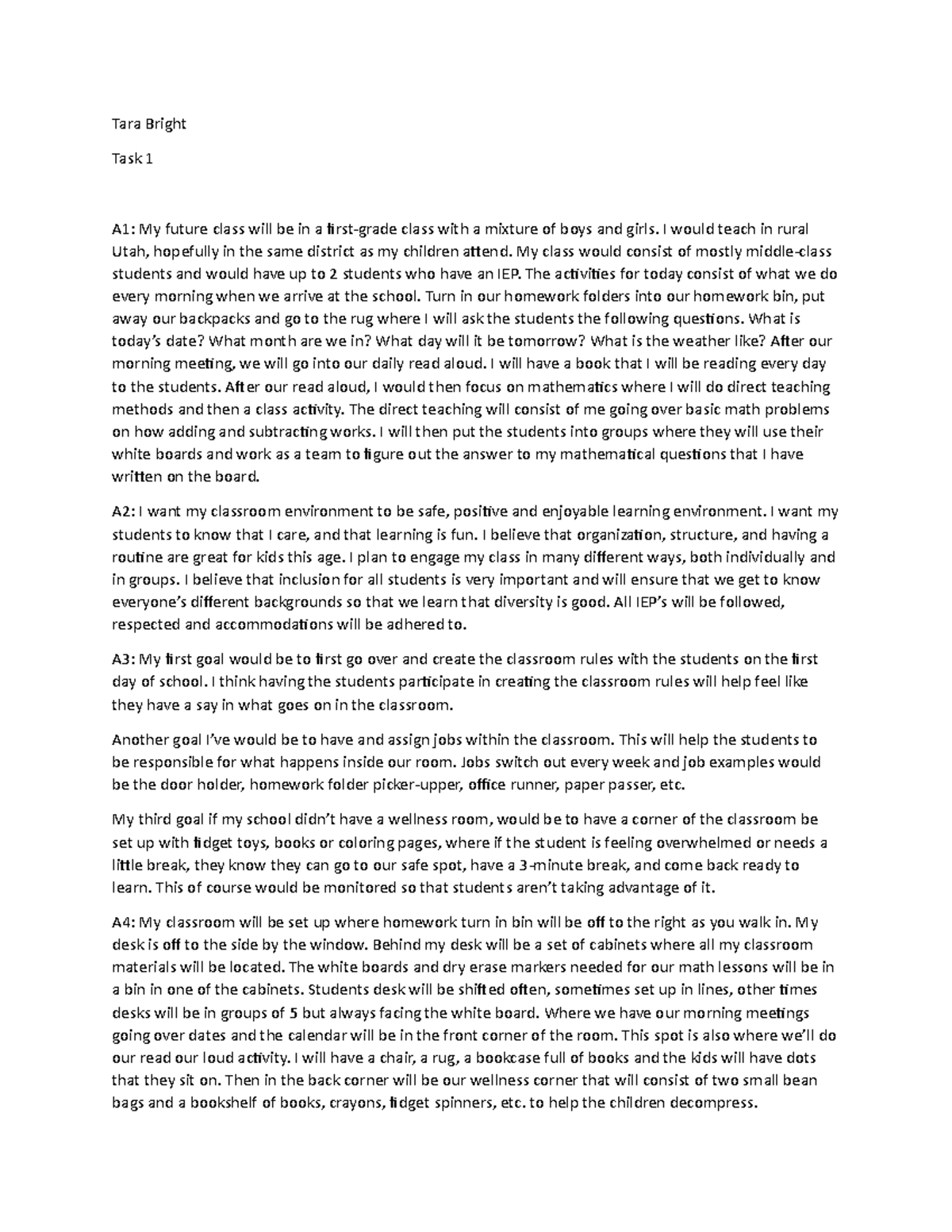 Task 1-D095 - Passed first try - Tara Bright Task 1 A1: My future class ...