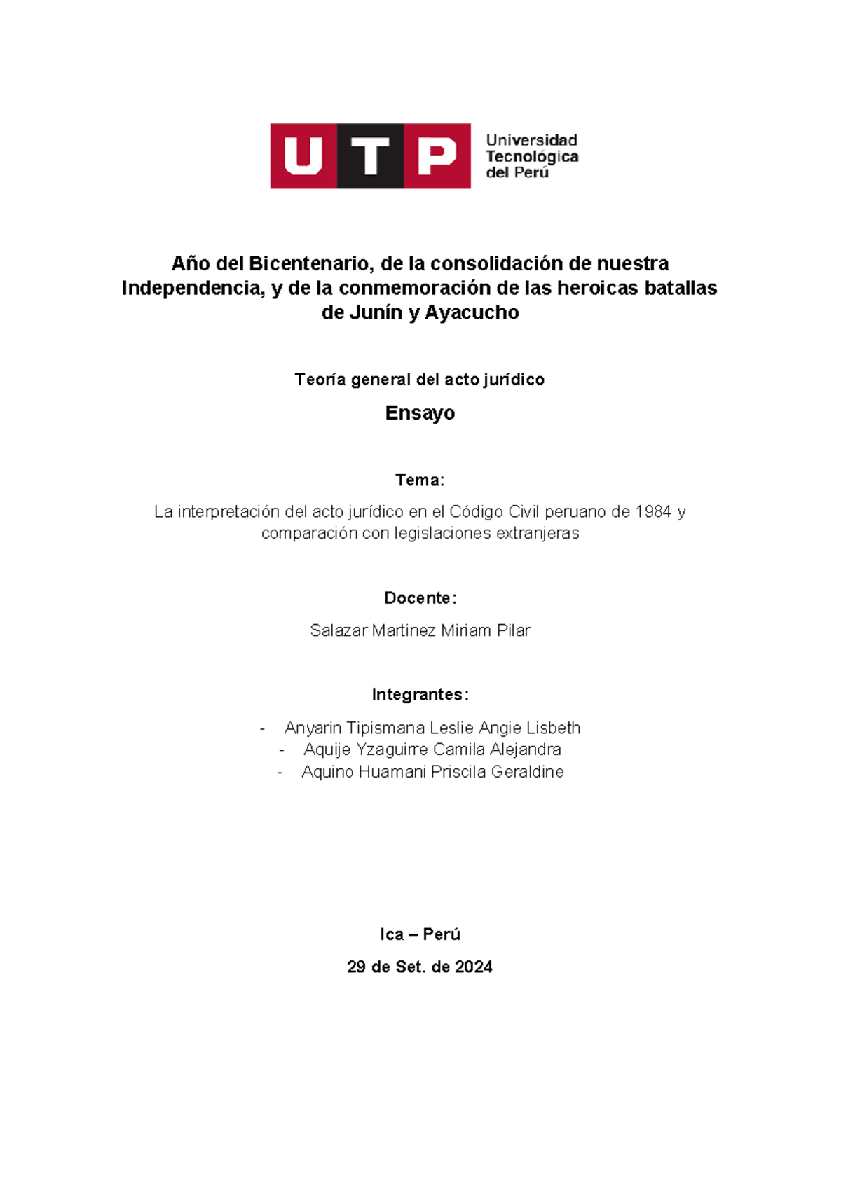 TA1-Ensayo sobre la interpretación del acto jurídico - Año del ...