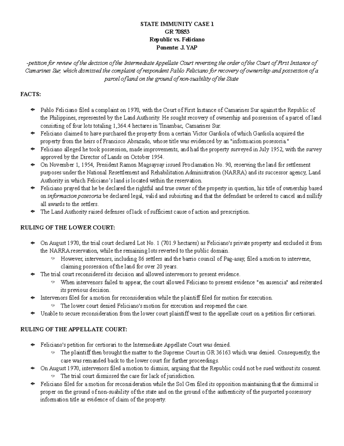 State immunity 1. GR 70853 - STATE IMMUNITY CASE 1 GR 70853 Republic vs ...
