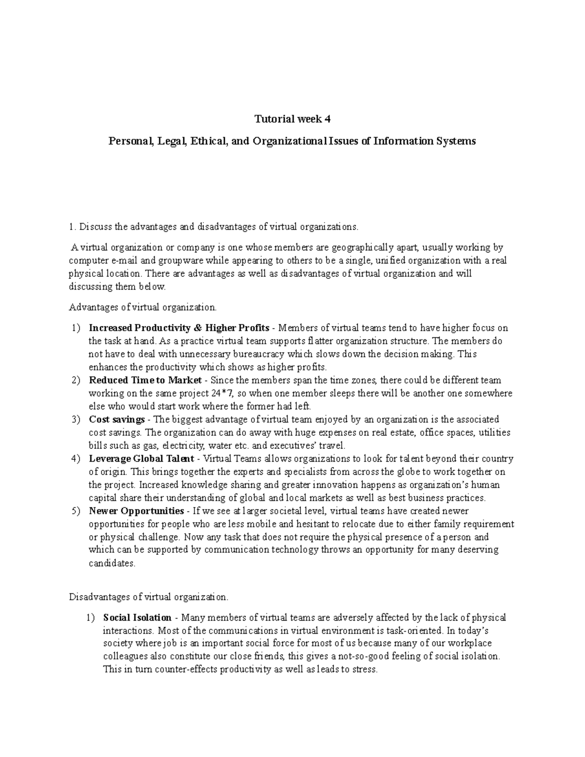 Tutorial week 4 - information systems - mandatory questions - Tutorial ...
