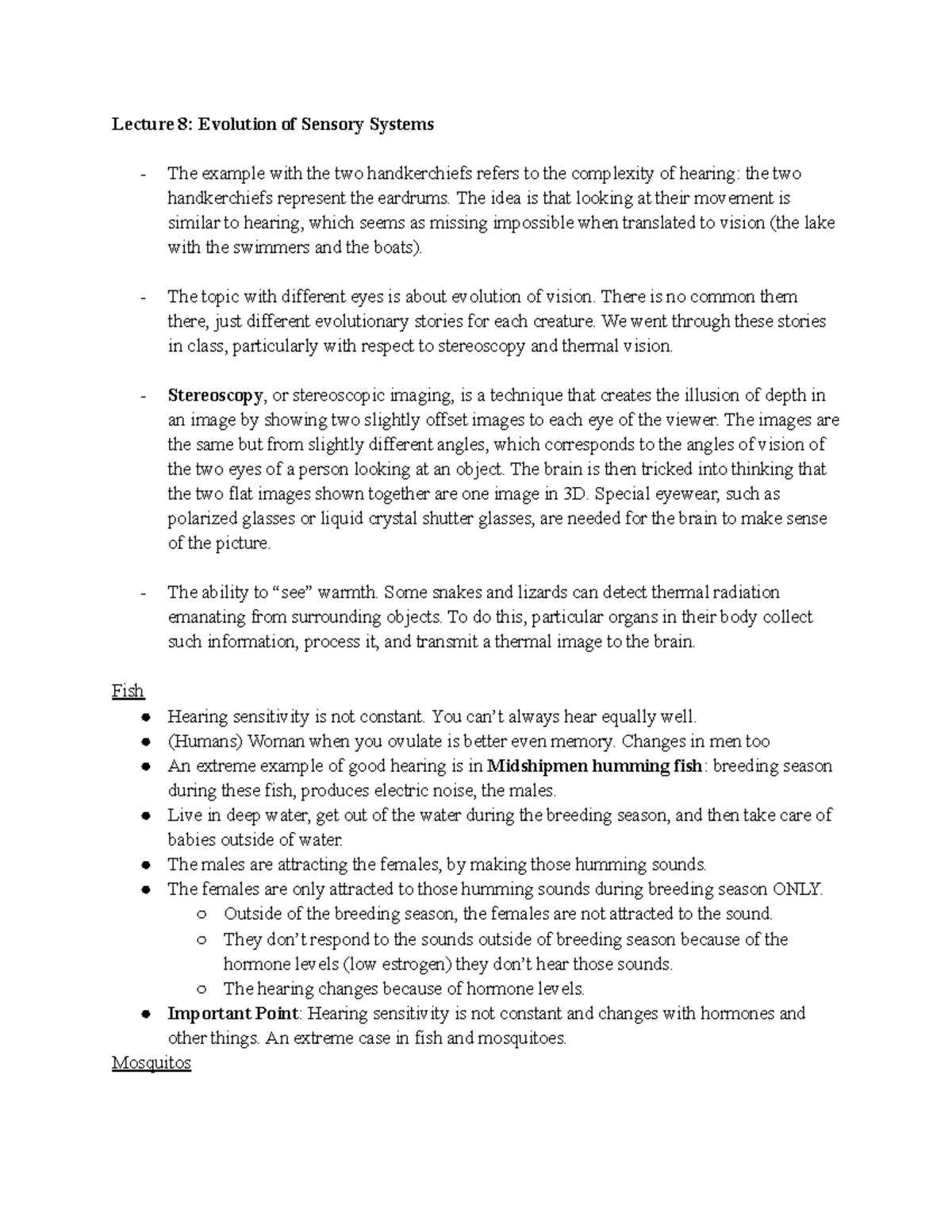 Ethology Final Notes - Lecture 8: Evolution of Sensory Systems - The ...