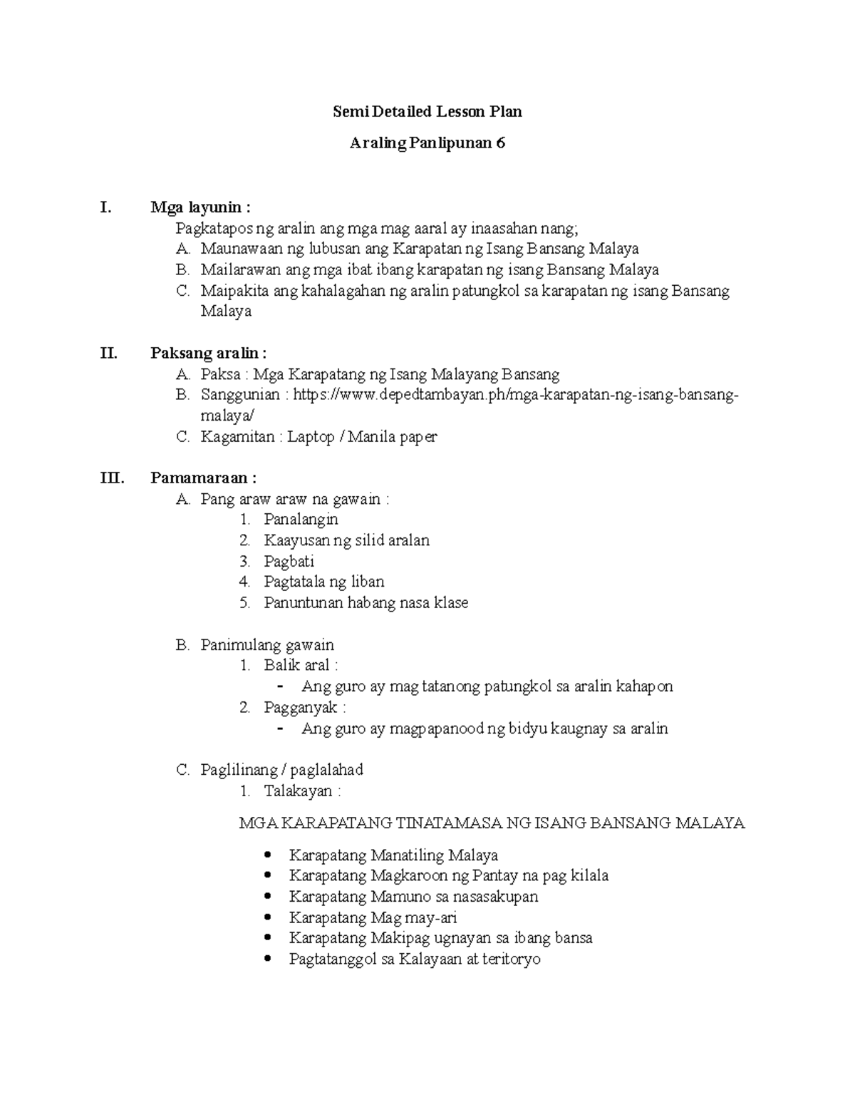 SEMI LP - Karapatan NG Isang Malayang Bansa - Semi Detailed Lesson Plan ...