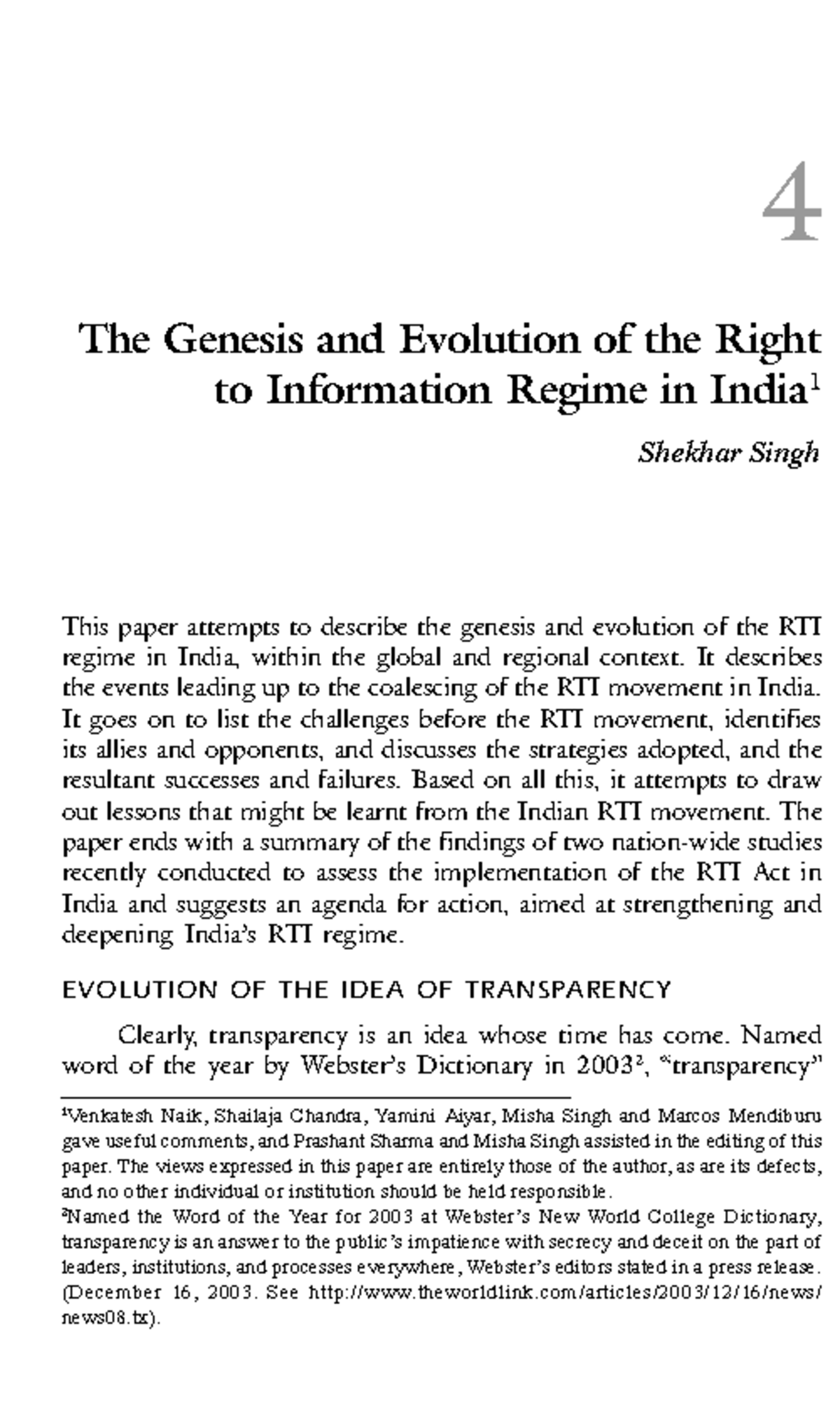 Genesis and Evolution of the RTI in India - This paper attempts to ...