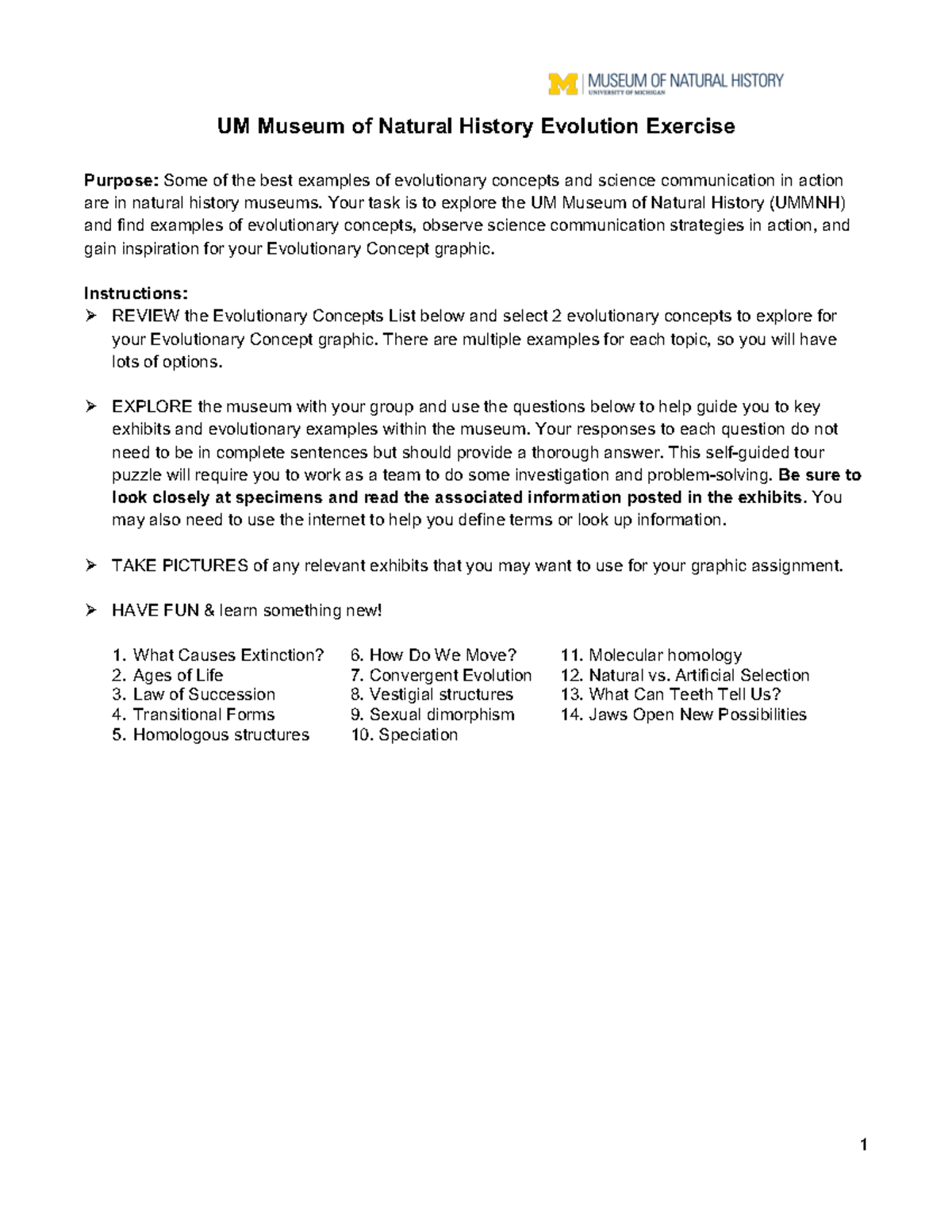 UM Museum of Natural History Worksheet - 1 UM Museum of Natural History ...