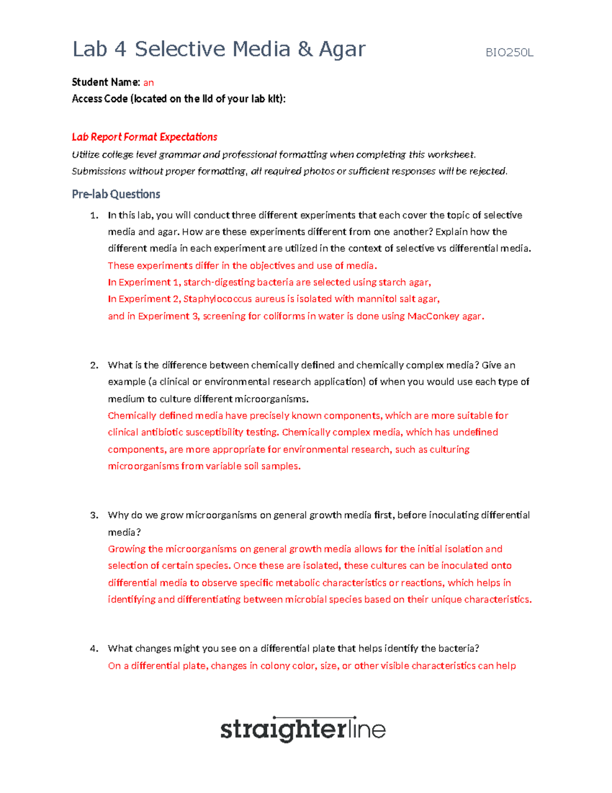 BIO250 Lab 4 - Student Name: an Access Code (located on the lid of your ...