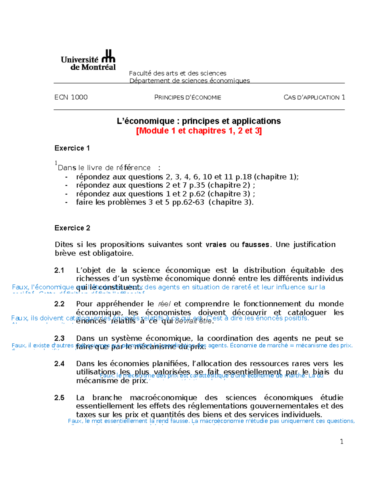 Exercices sur le module 1 - 1 Faculté des arts et des sciences ...