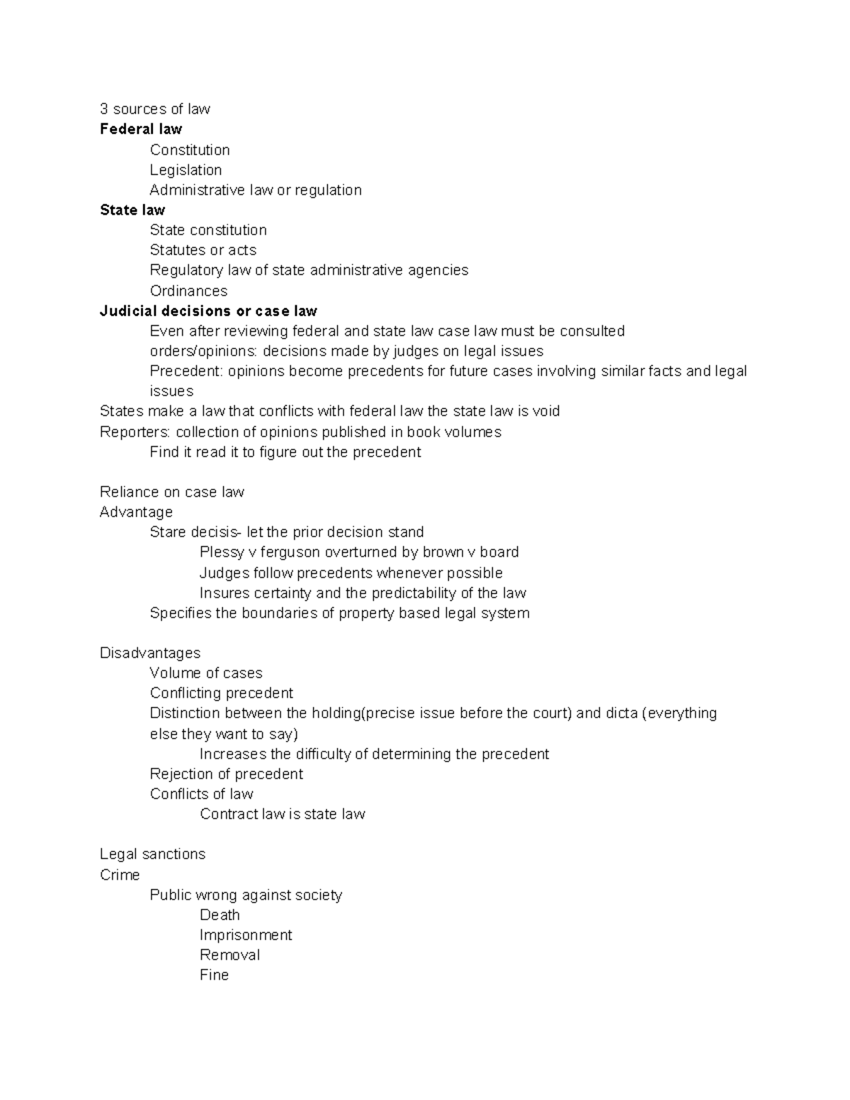 LEGL 2700 Test 1 and 2 Notes - 3 sources of law Federal law ...