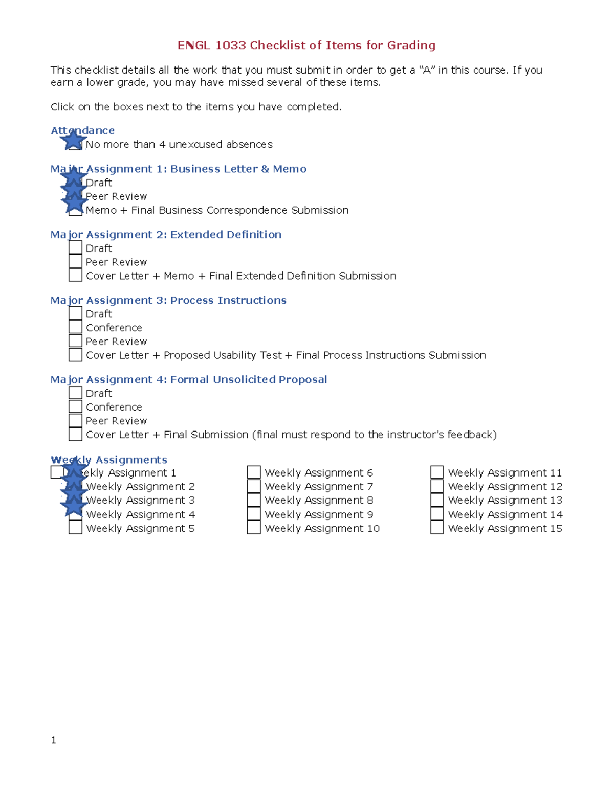 ENGL 1033 Checklist - ENGL 1033 Checklist of Items for Grading This ...