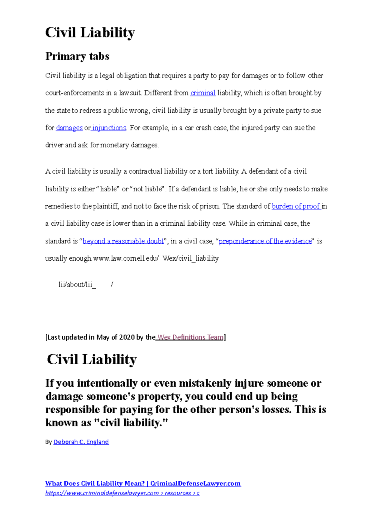 Civil Liability - Civil Liability Primary tabs Civil liability is a ...