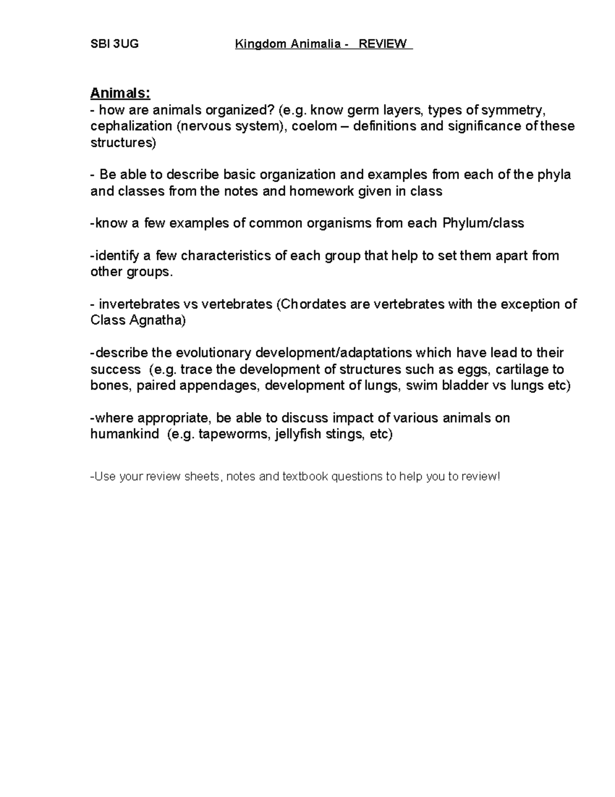 Animal Phyla Review Topics (Oct 2024) - SBI 3UG Kingdom Animalia ...