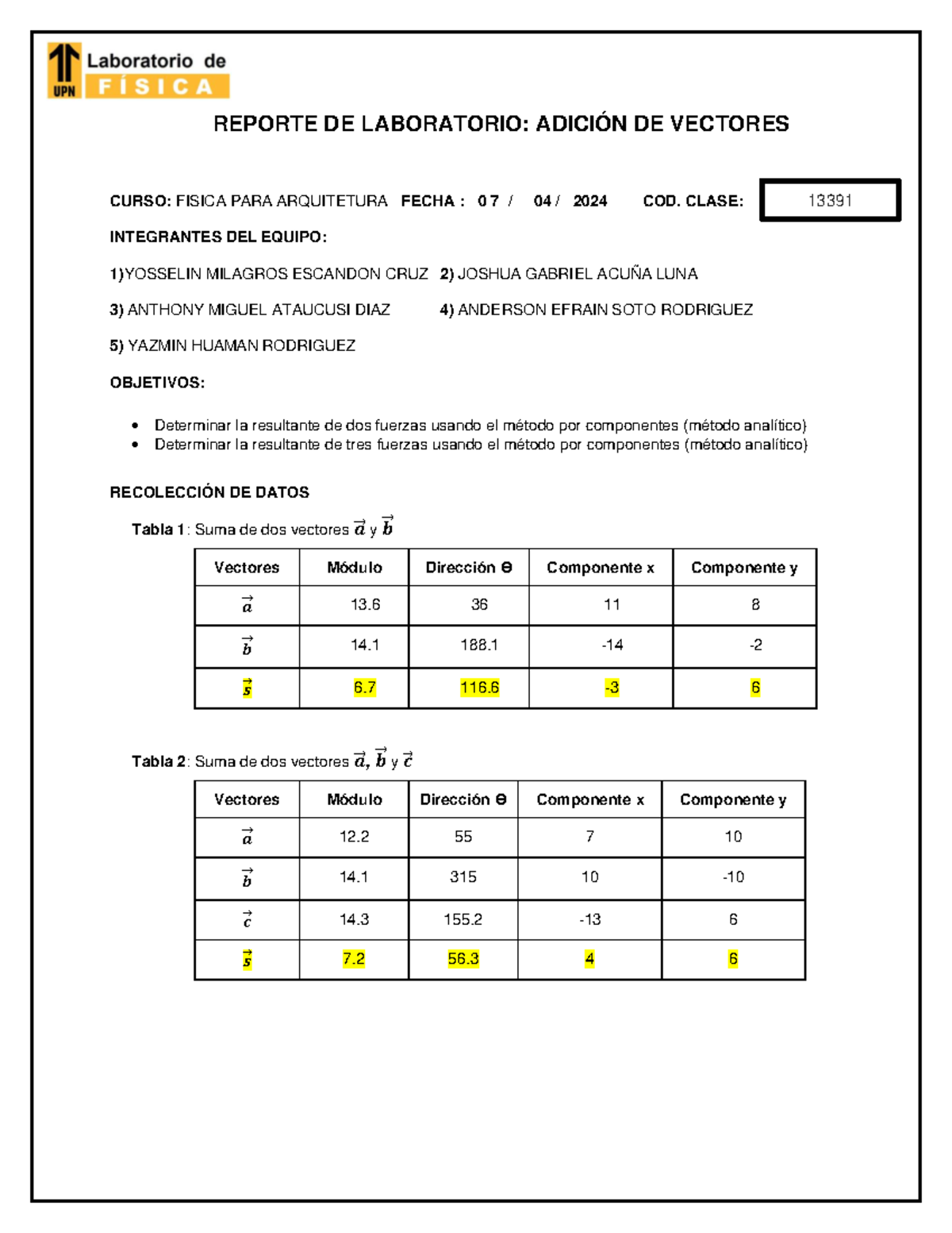 Reporte LAB Fisiarq S02 AV+2024 - REPORTE DE LABORATORIO: ADICIÓN DE VECTORES CURSO: FISICA PARA ...