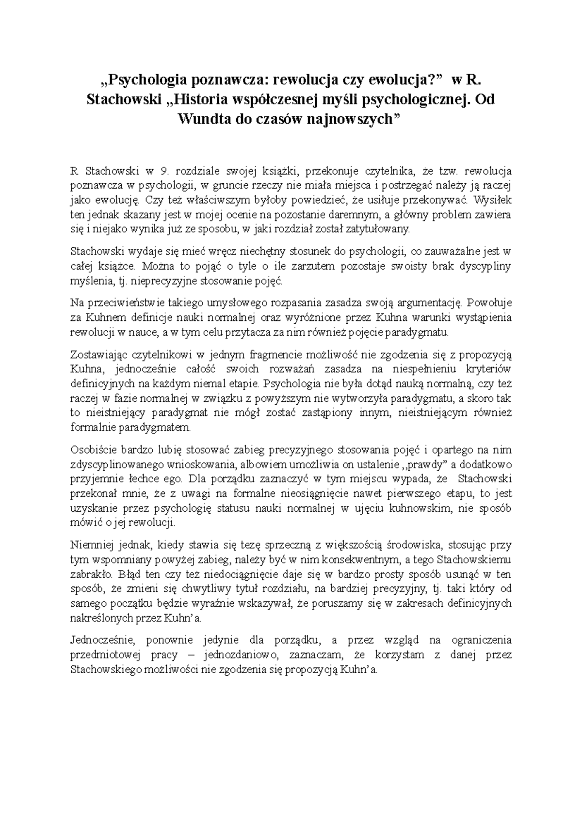 Psychologia poznawcza rewolucja czy ewolucja - Stachowski ,,Historia współczesnej myśli - Studocu