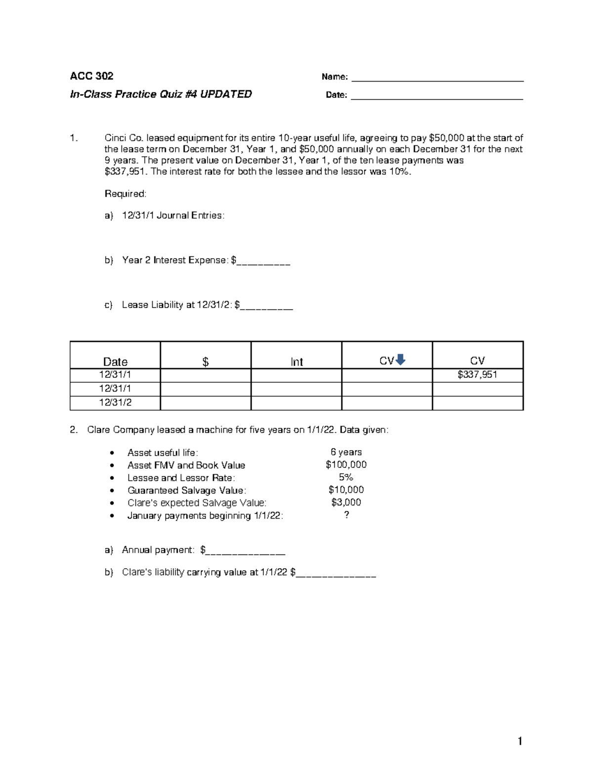 ACC 532 In-Class Practice Quiz 4 - 1 ACC 302 Name ...