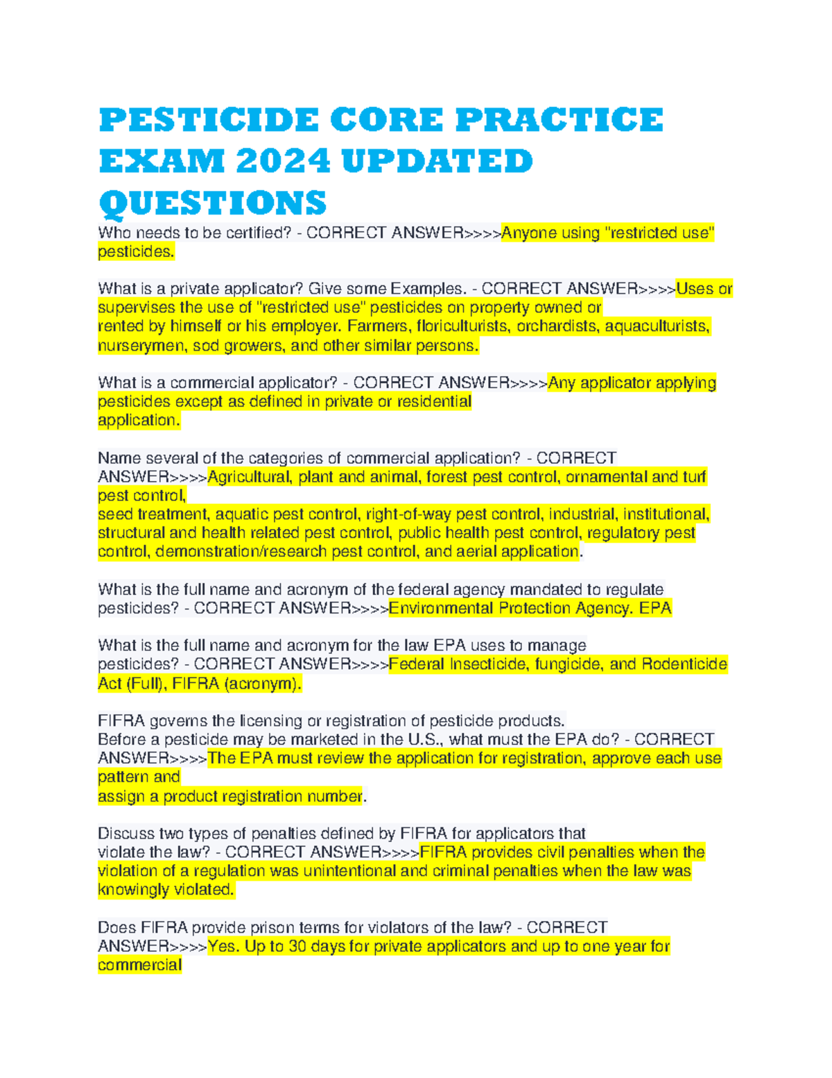 Pesticide CORE Practice EXAM 2024 Updated Questions - PESTICIDE CORE ...