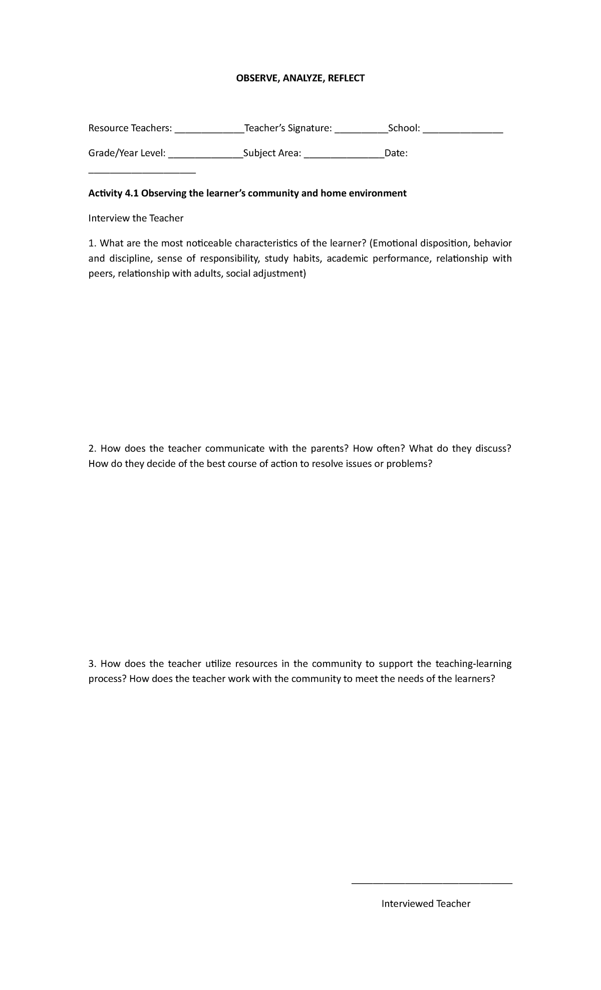 456 - See the file - OBSERVE, ANALYZE, REFLECT Resource Teachers ...