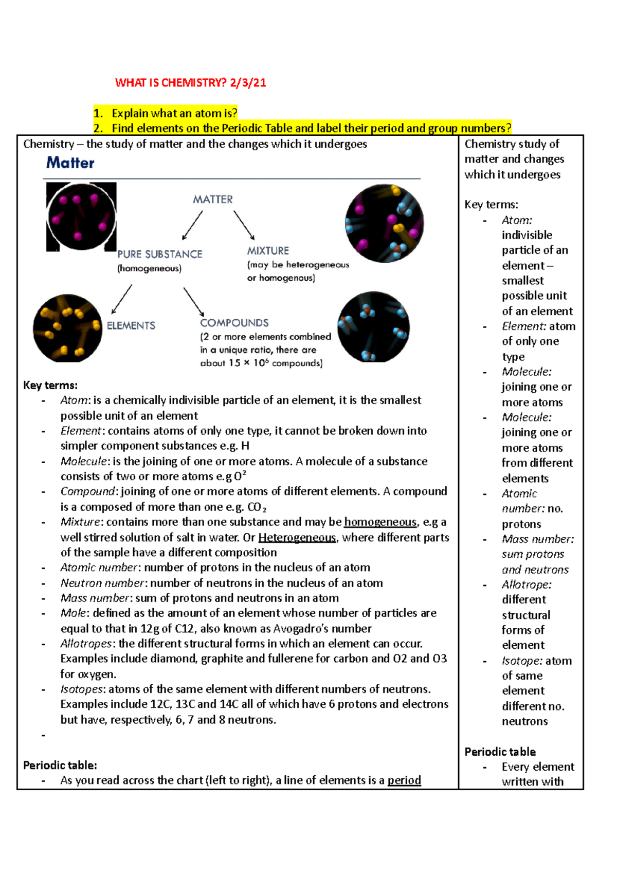 Chemistry lecture notes - WHAT IS CHEMISTRY? 2/3/ Explain what an atom ...