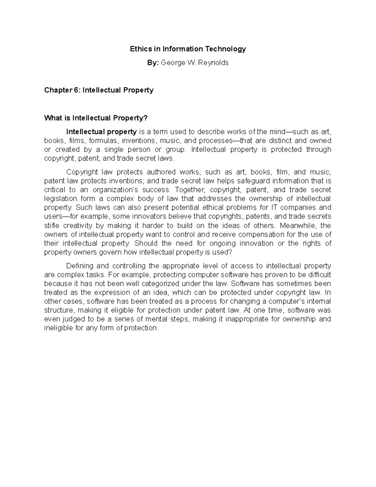 Chapter 6 Intellectual Property What is Intellectual Property - Ethics ...