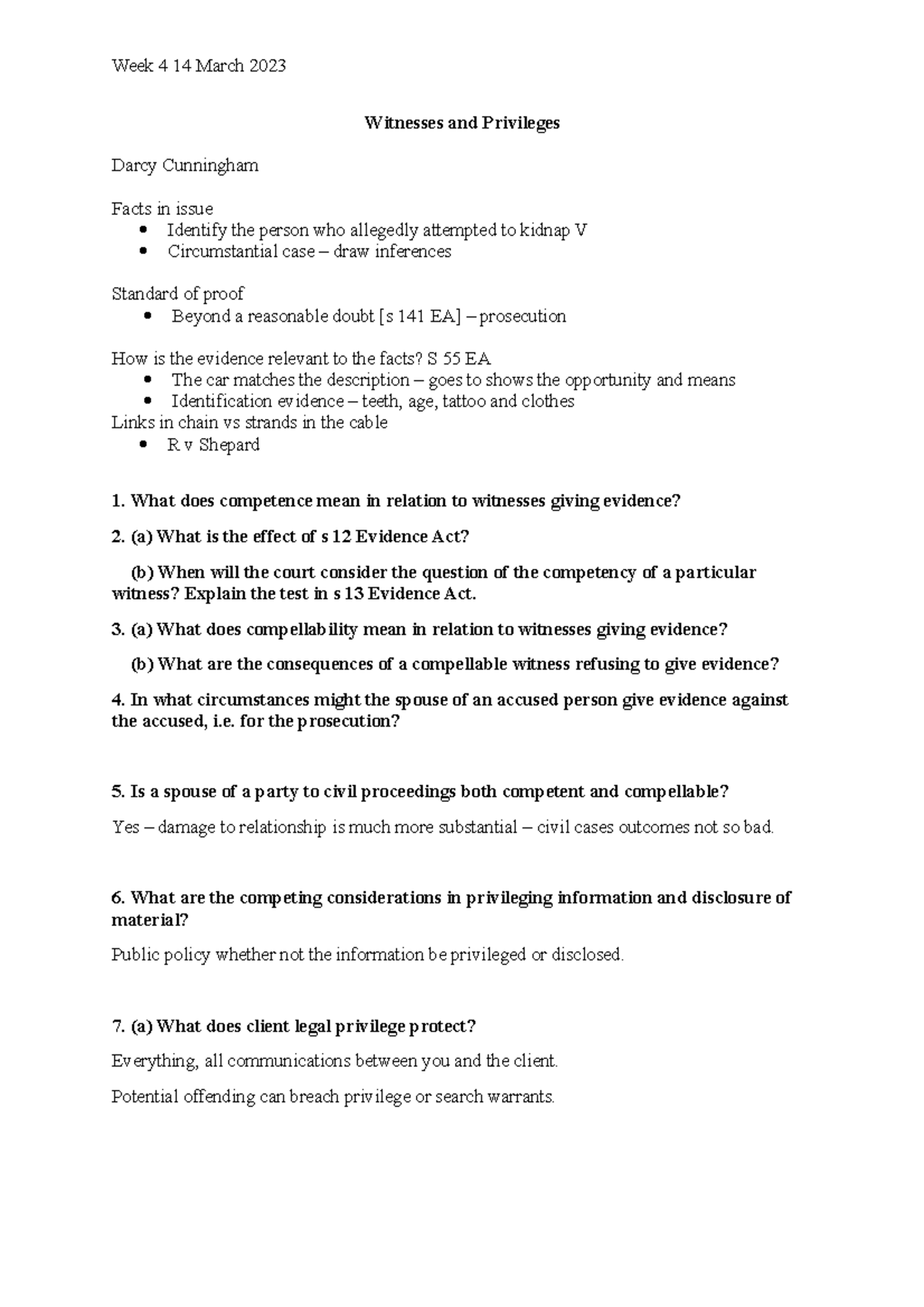 Witnesses and Privileges - Week 4 14 March 2023 Witnesses and ...