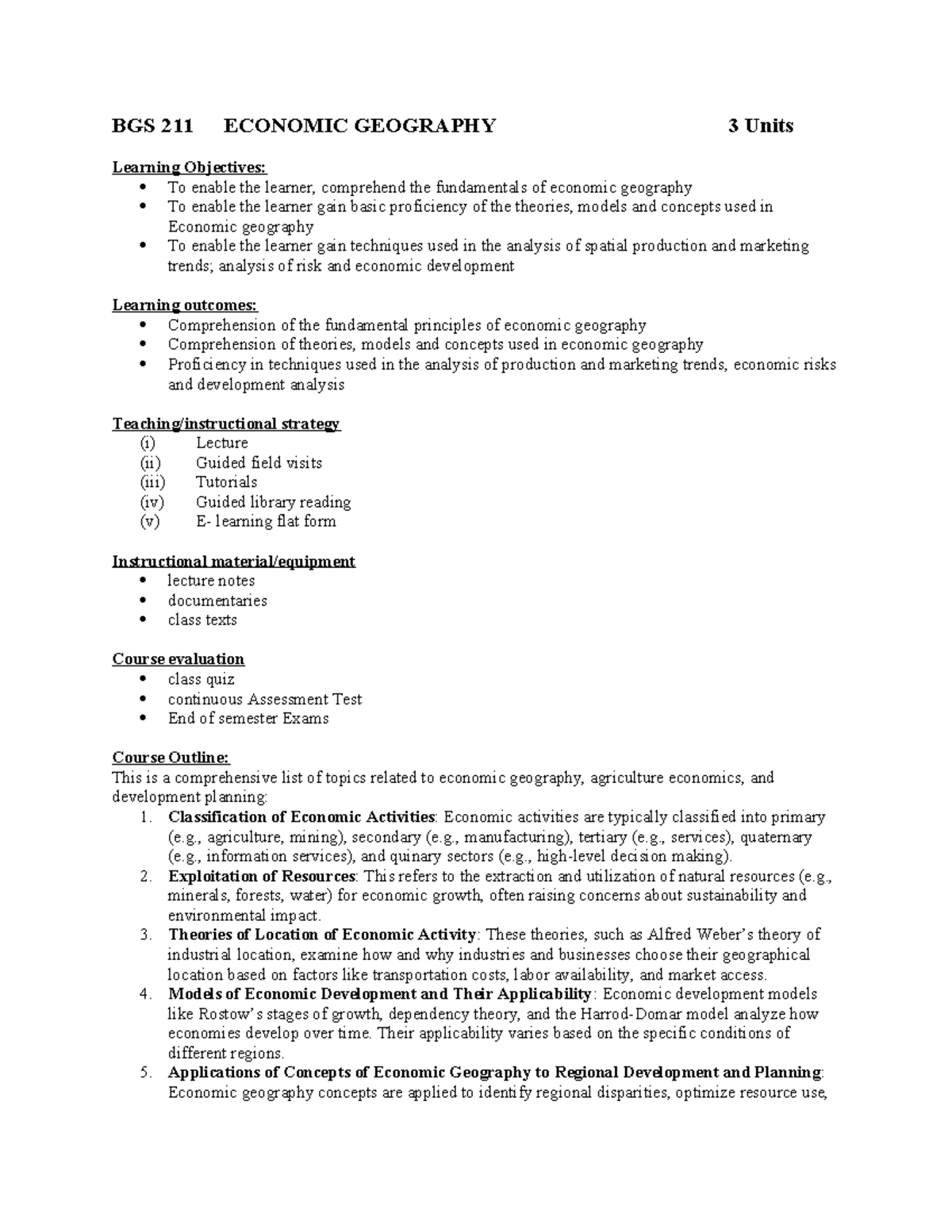 BGS 211 Economic Geography-Course Outline - BGS 211 ECONOMIC GEOGRAPHY ...